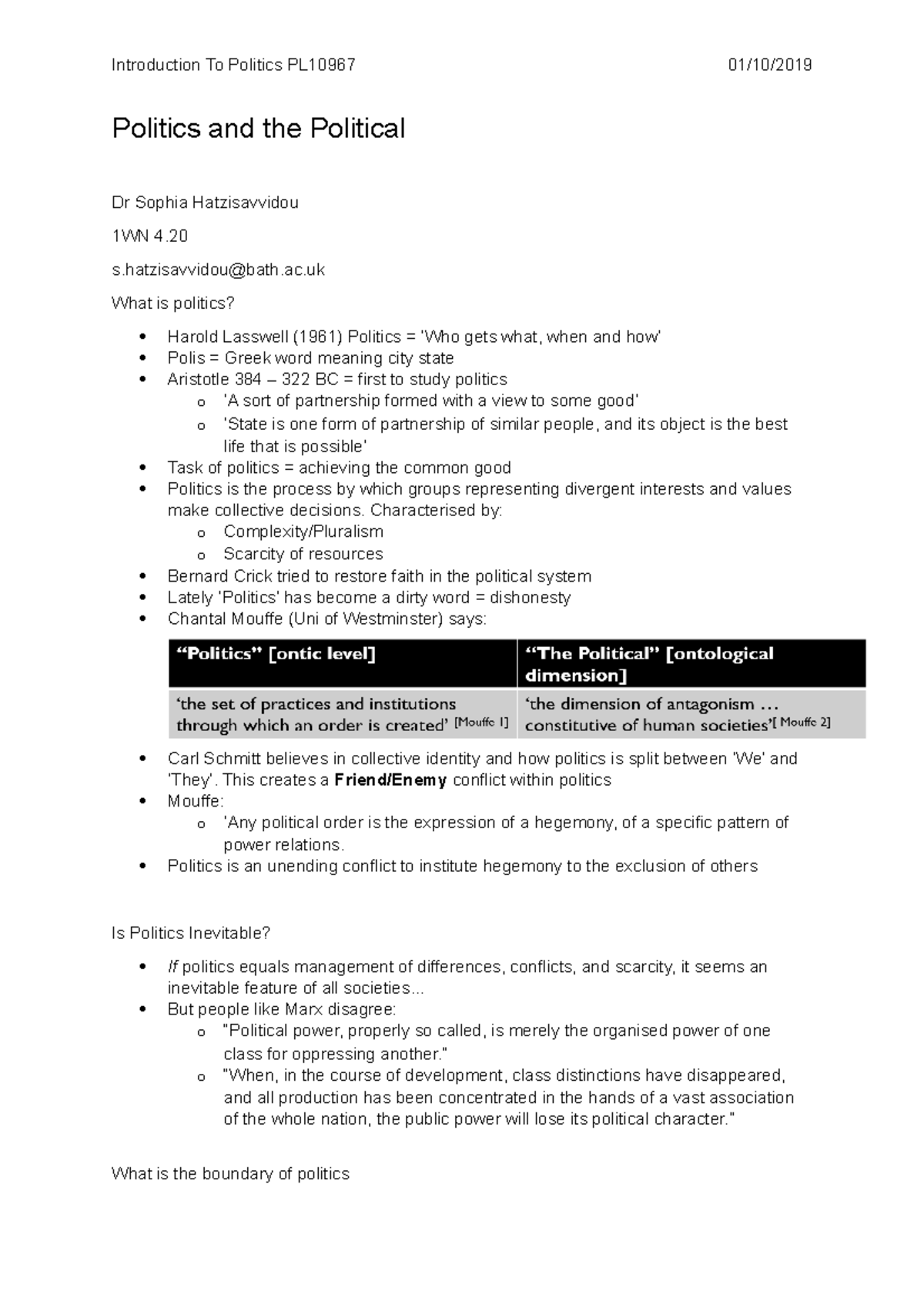 Lecture 1 Politics and the Political - Introduction To Politics PL10967 ...