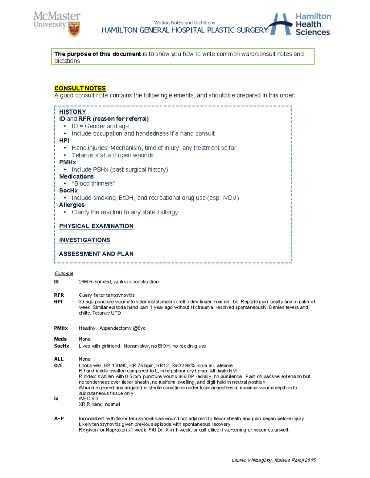 Writingnotesanddictationsclinicalclerk - HAMILTON GENERAL HOSPITAL ...