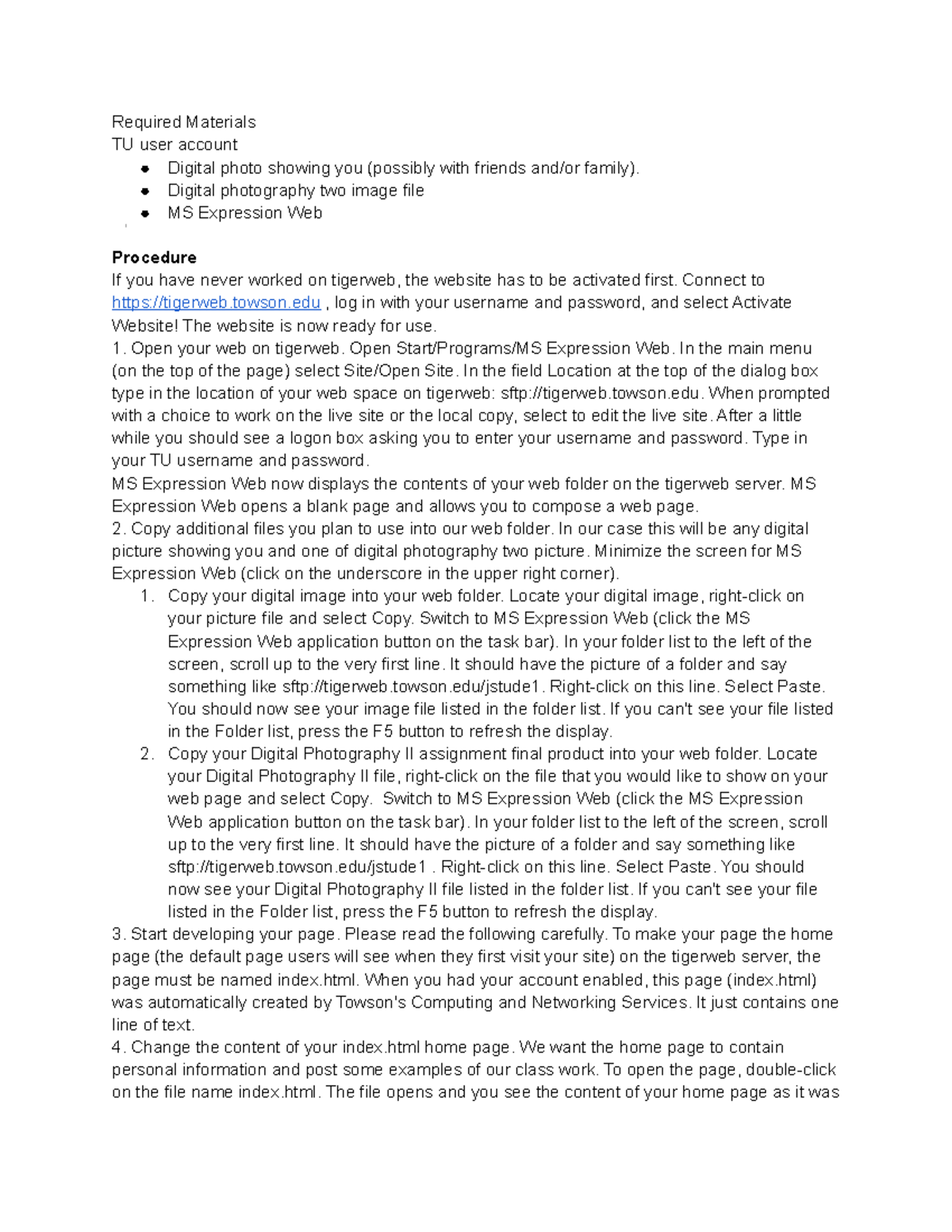 WEB PAGE - Web page assignment - Required Materials TU user account ...