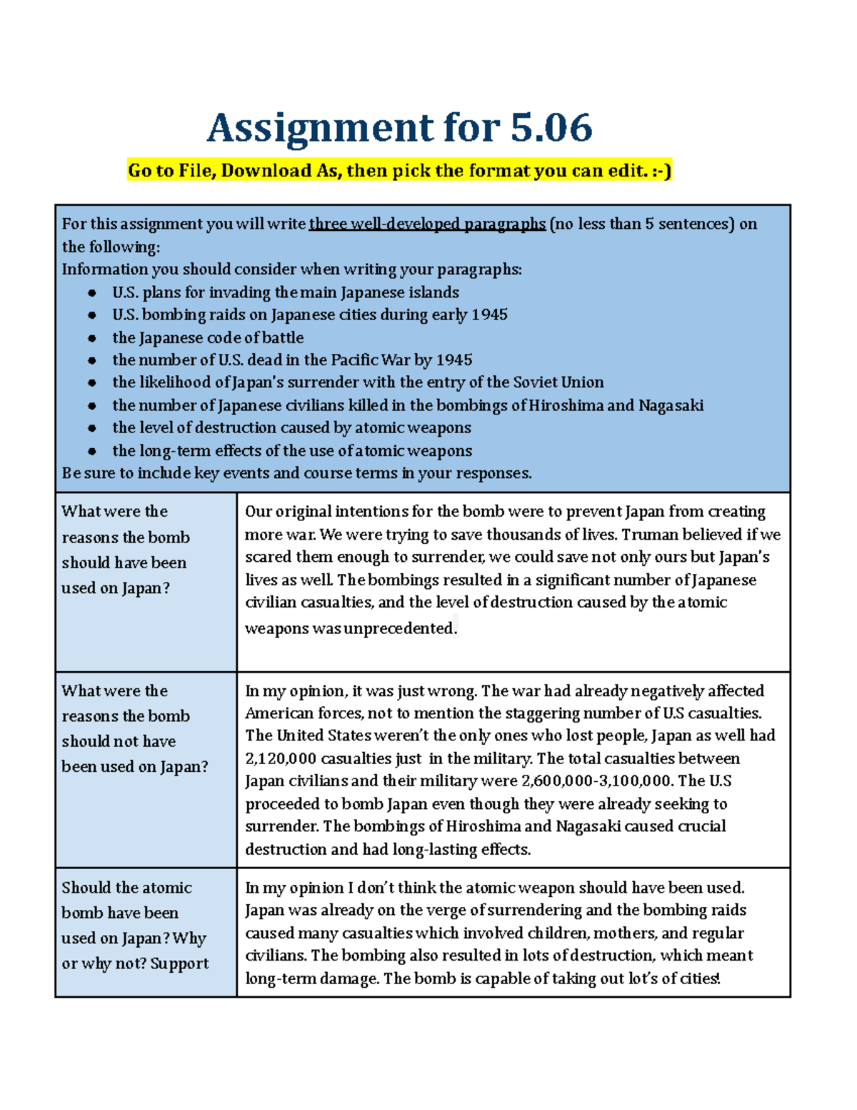 USH 5.06 - FLVS 5.06 answers. - Assignment for 5. Go to File, Download As, then pick the format ...