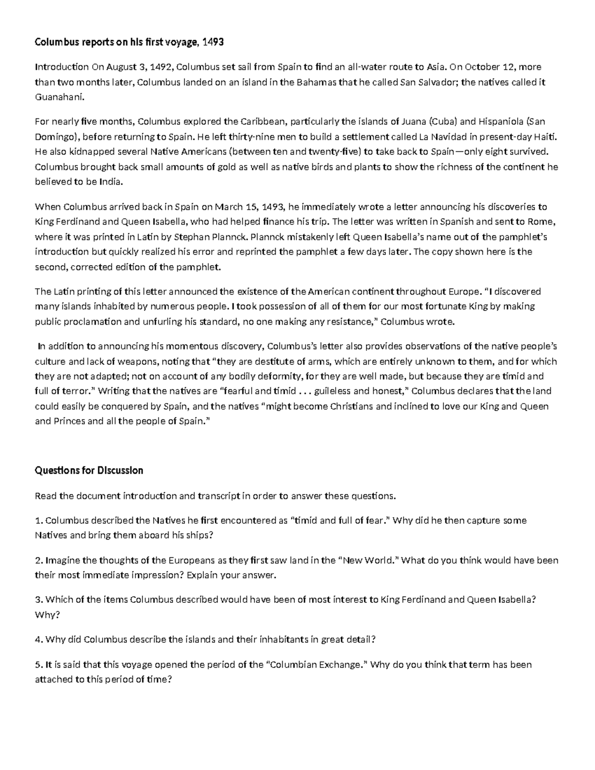 Columbus-letter - Columbus Assignment for "Exploring New World" Lecture - Columbus reports on ...