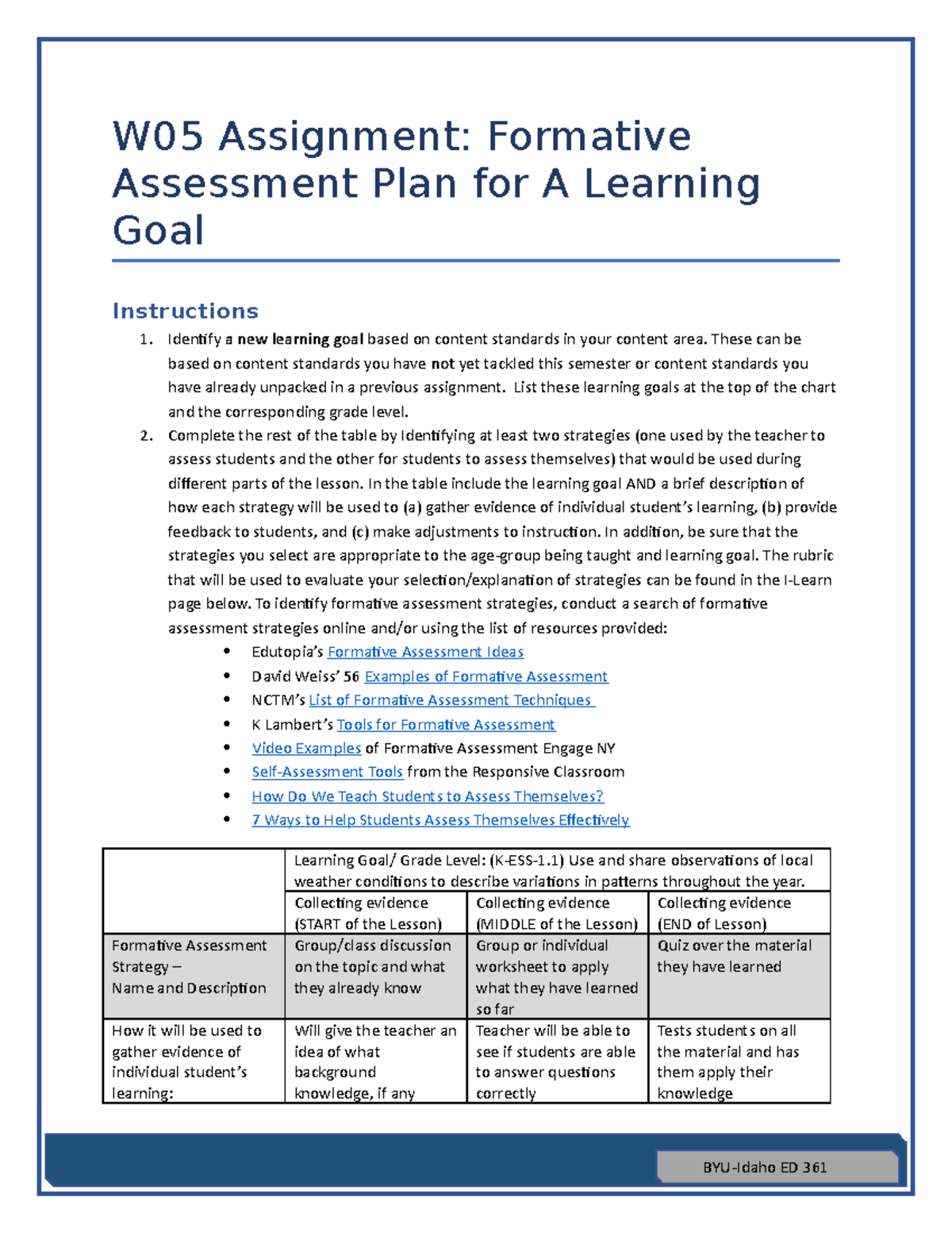 Formative Assessment Plan for Learning Goal - Studocu