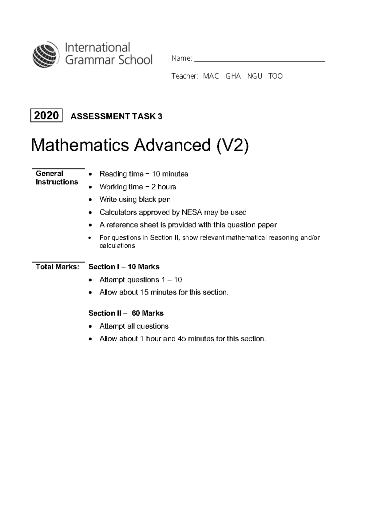 Yearly 2020 - International Grammar Mathematics Advanced Paper - 2020 ...