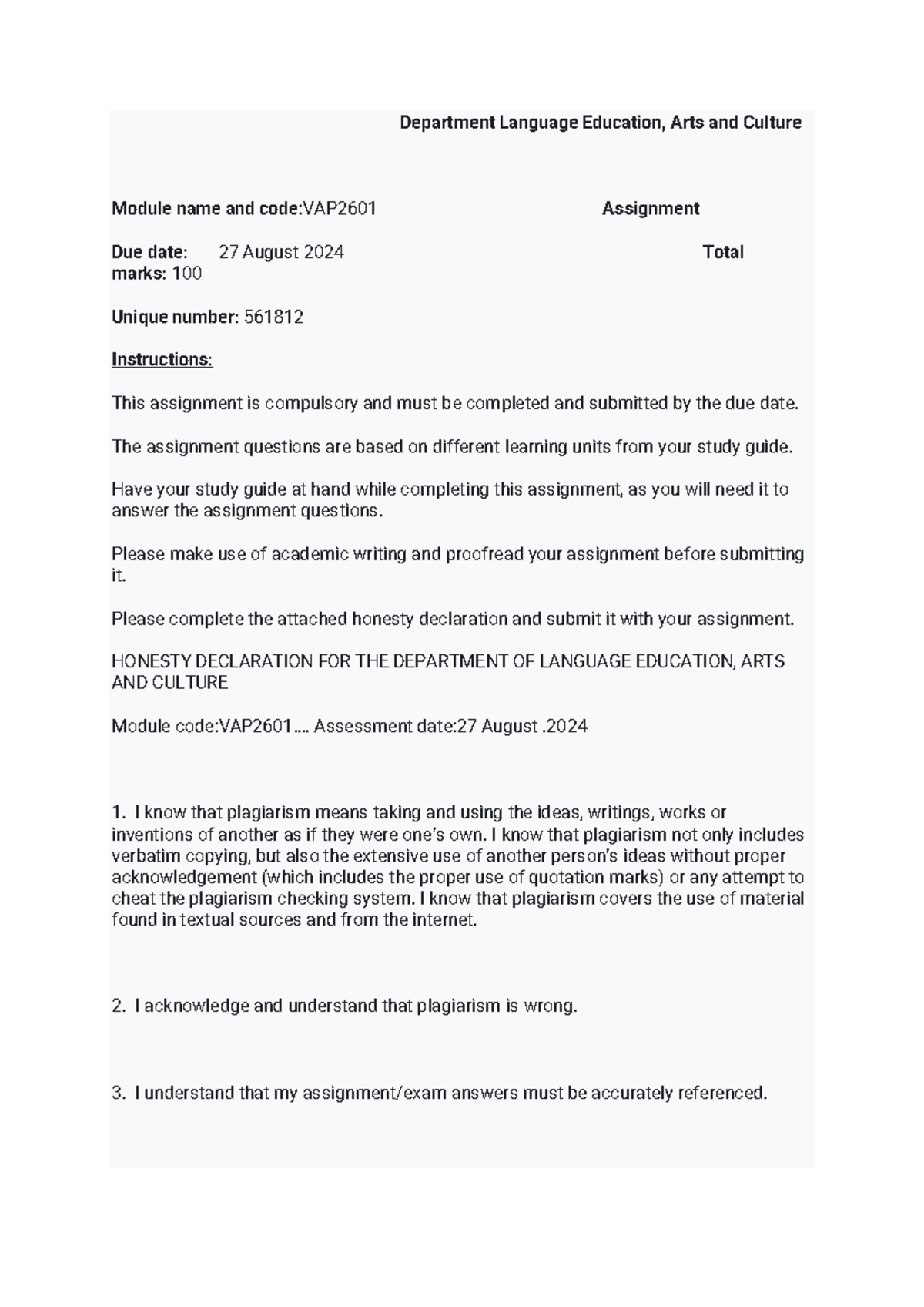 Vap2601 motlalepulesakhil - Department Language Education, Arts and ...