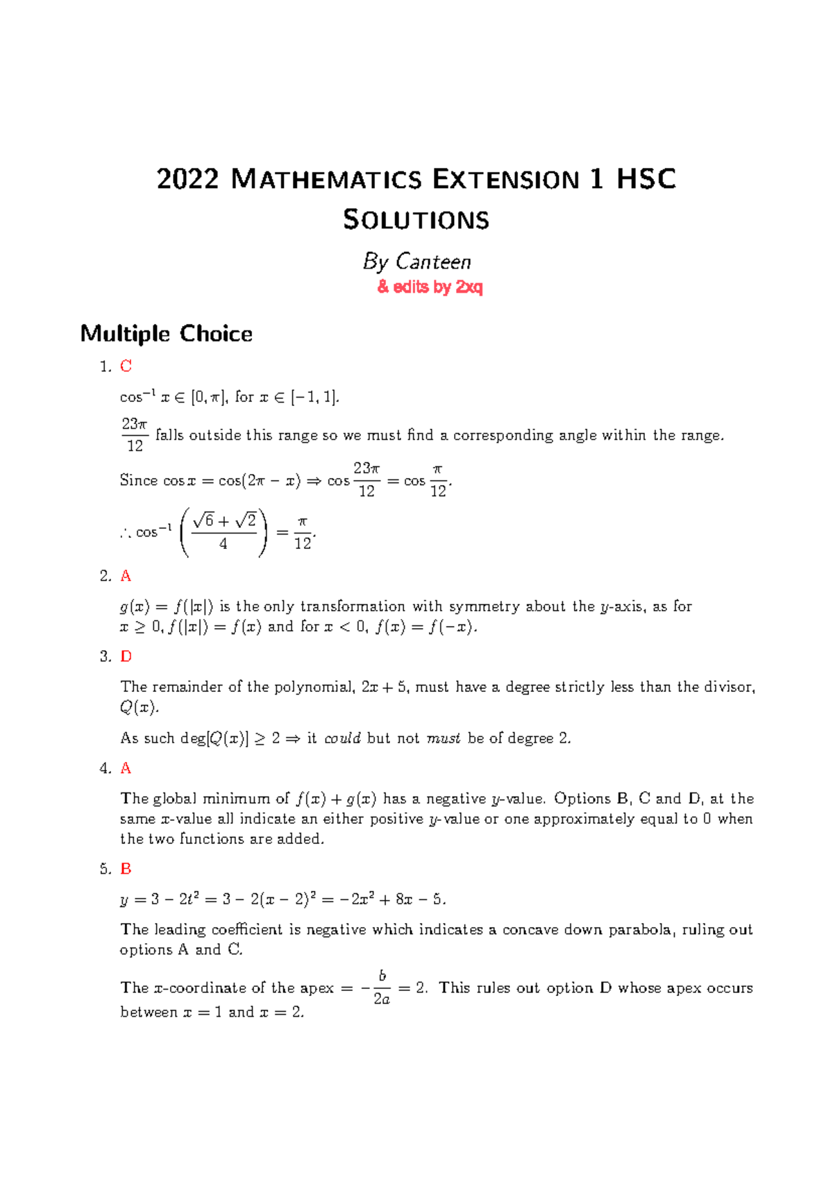 E1 2022 sols - 2022 MATHEMATICS EXTENSION 1 HSC SOLUTIONS By Canteen ...