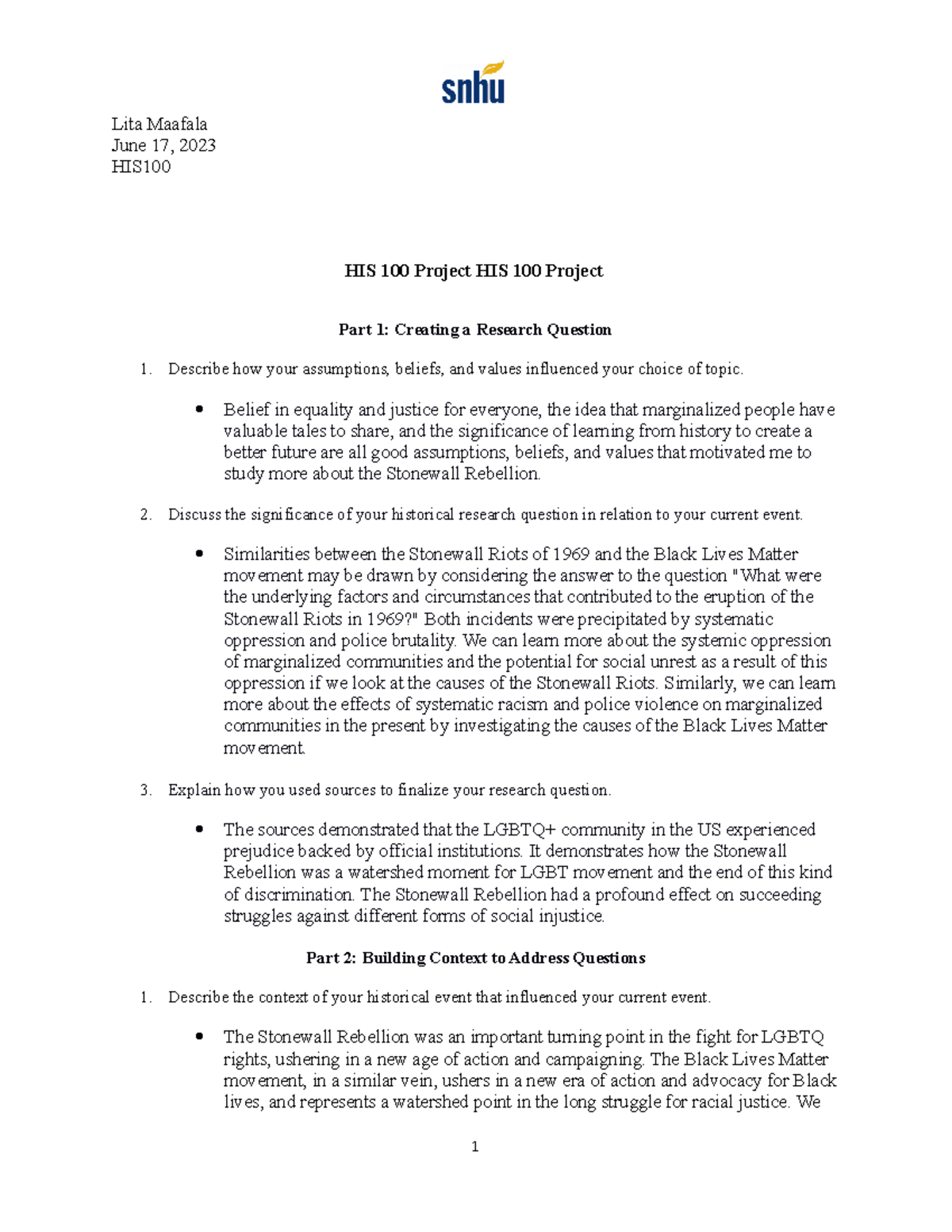 HIS 100 Project - Lita Maafala June 17, 2023 HIS HIS 100 Project HIS ...