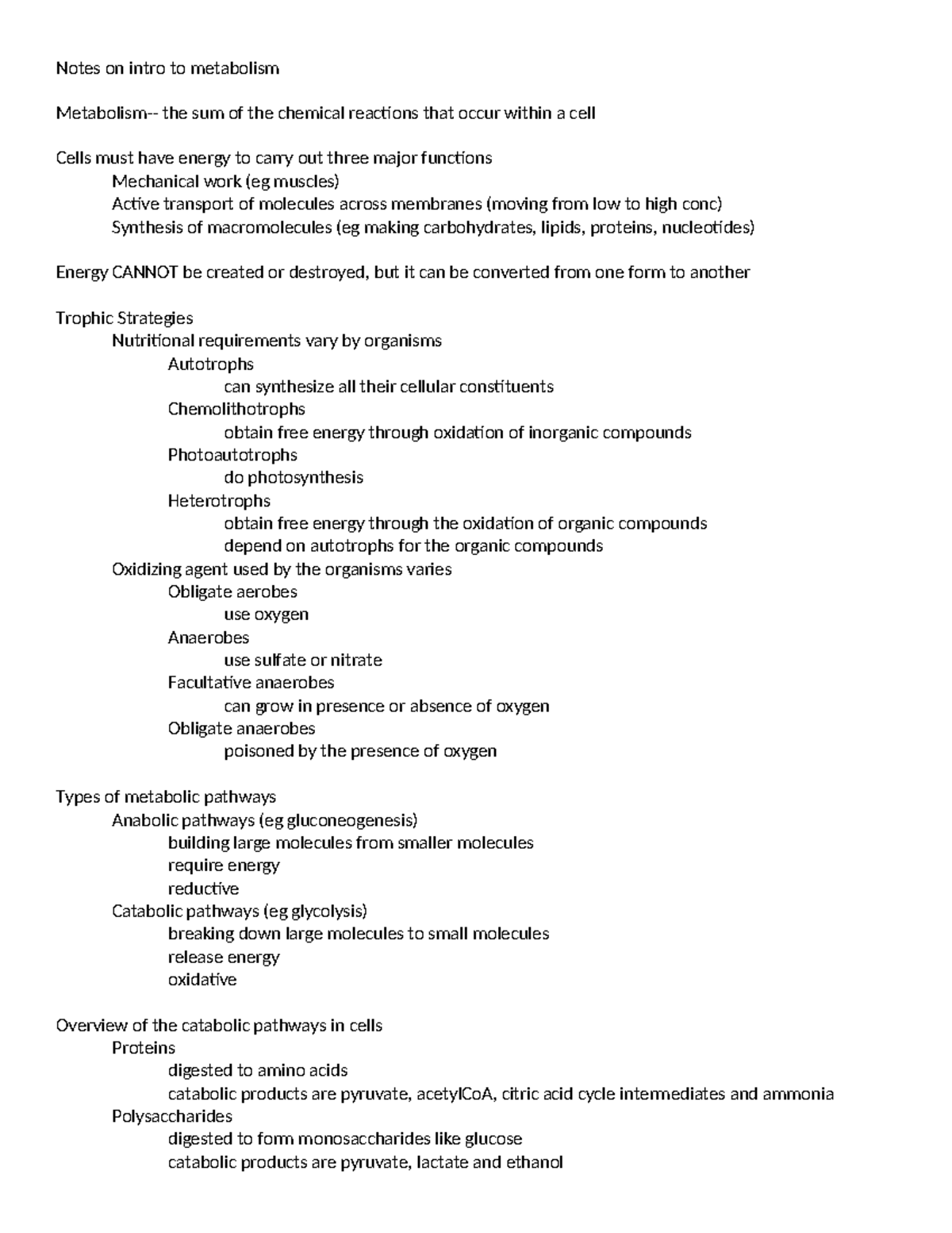 Written Notes for Intro to Metabolism - Notes on intro to metabolism ...