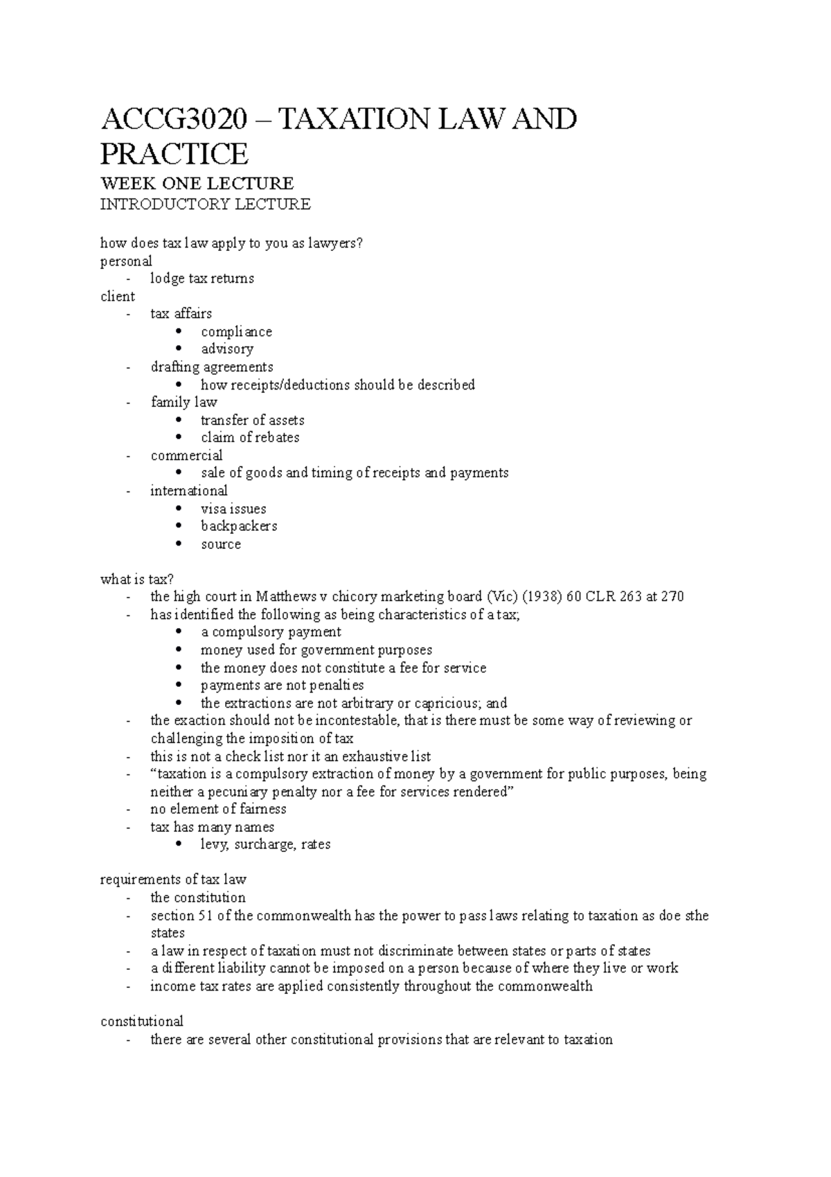 Accg3020 lecture notes - ACCG3020 – TAXATION LAW AND PRACTICE WEEK ONE ...