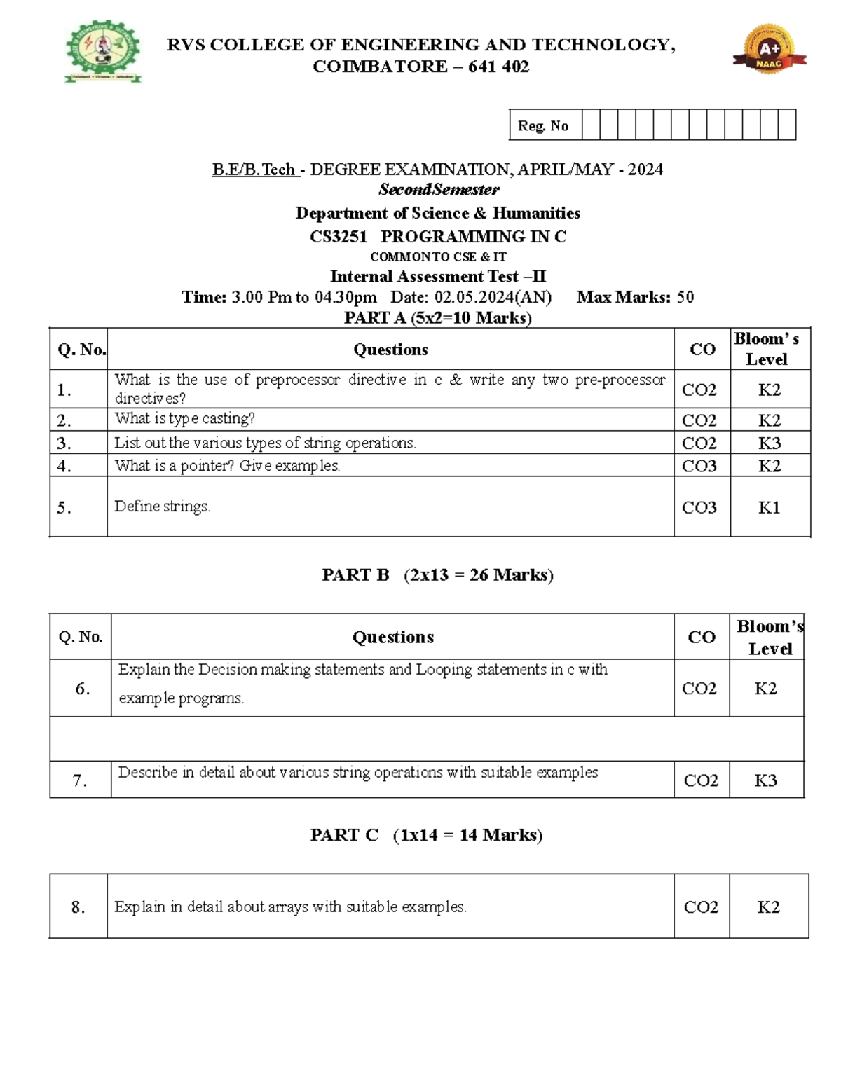 IAT III Question Paper - sdafs - RVS COLLEGE OF ENGINEERING AND ...