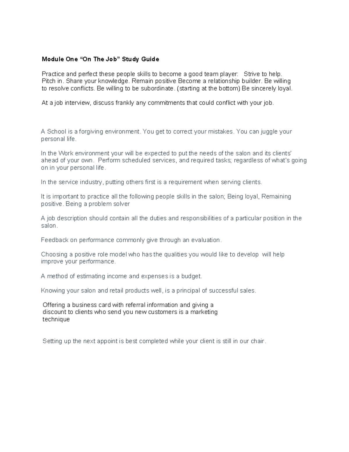 Module One on the job study guide - Module One “On The Job” Study Guide ...