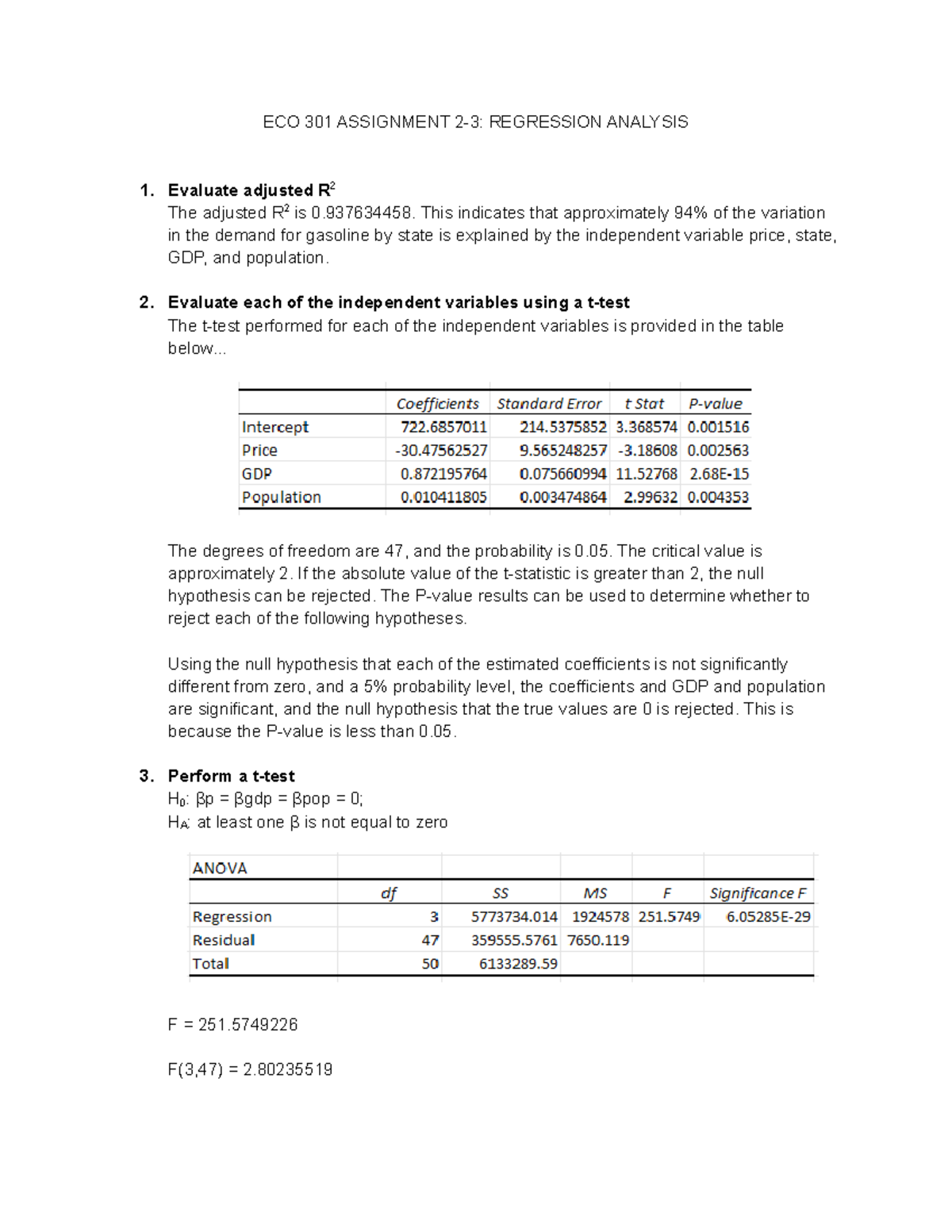 Regression Analysis - 1-1 ASSIGNMENT - ECO 301 ASSIGNMENT 2-3: REGRESSION ANALYSIS Evaluate ...