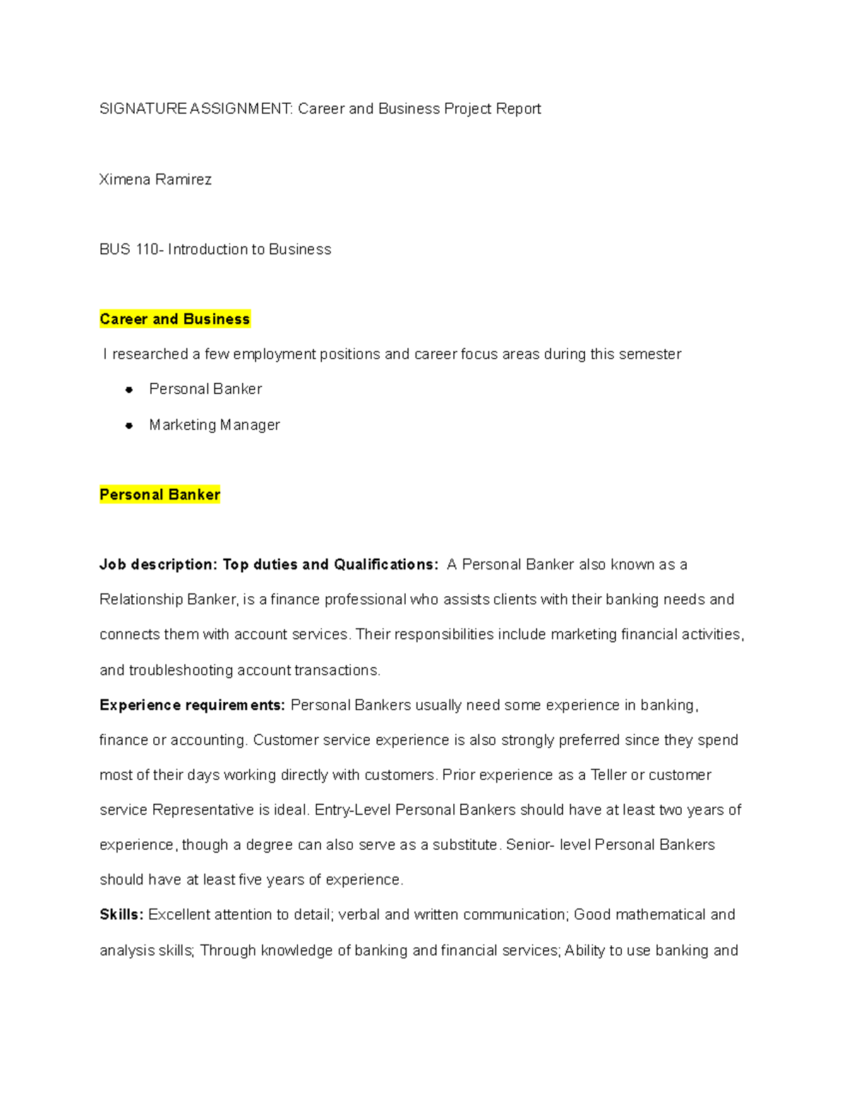 Signature assignment - SIGNATURE ASSIGNMENT: Career and Business ...