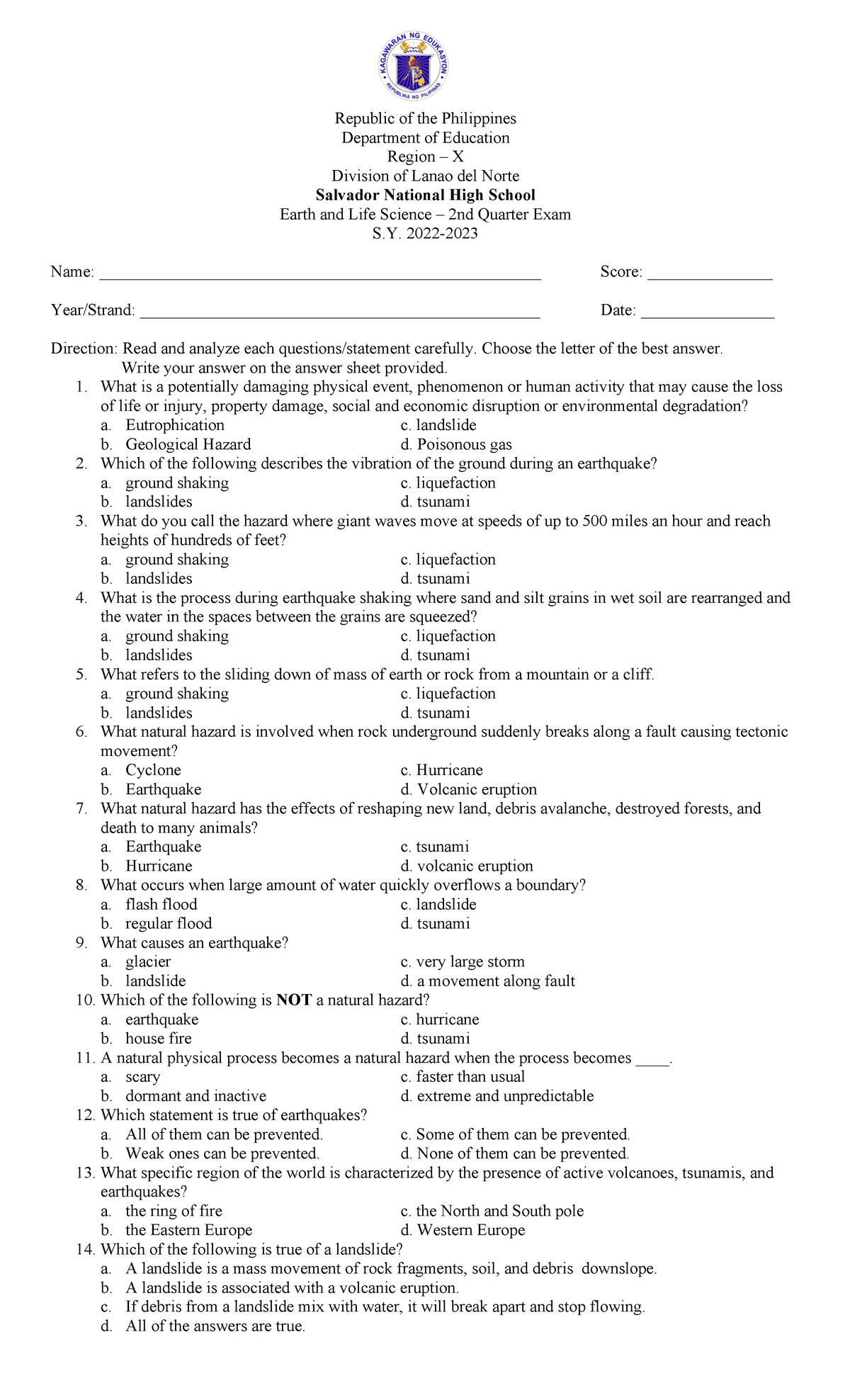 Earth and Life Q2 Exam - Second Quarter Exam - Republic of the ...