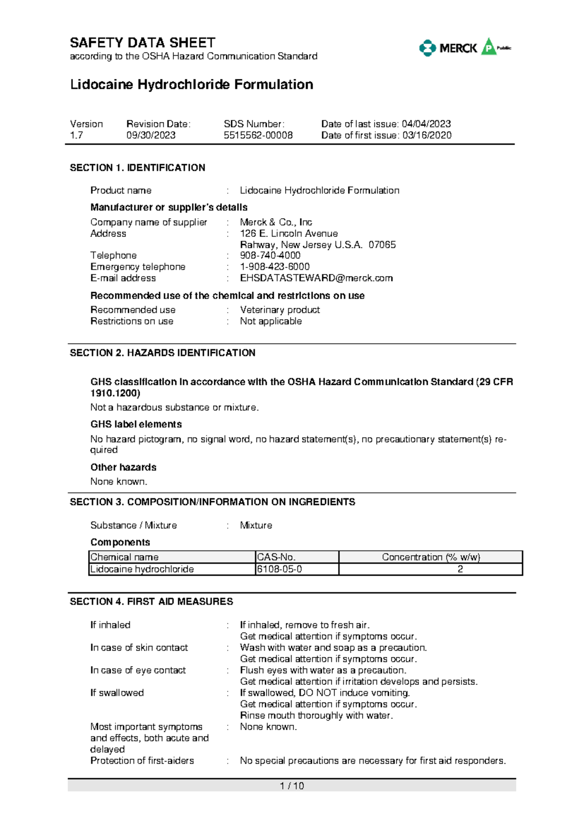 Product safety-data-sheets ah-sds Lidocaine Hydrochloride Formulation ...