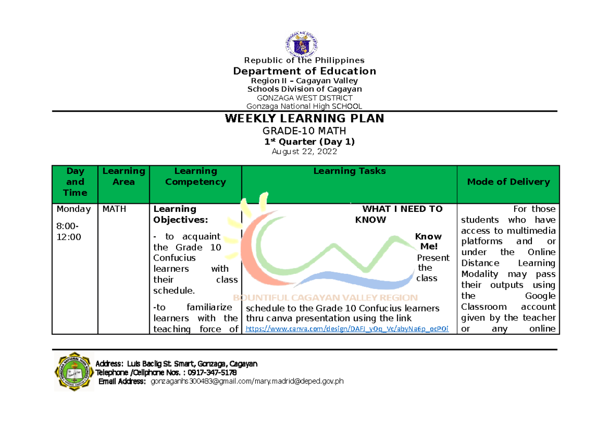 Quarter 1 WEEK 1 WHLP - Department of Education Region II – Cagayan Valley Schools Division of ...