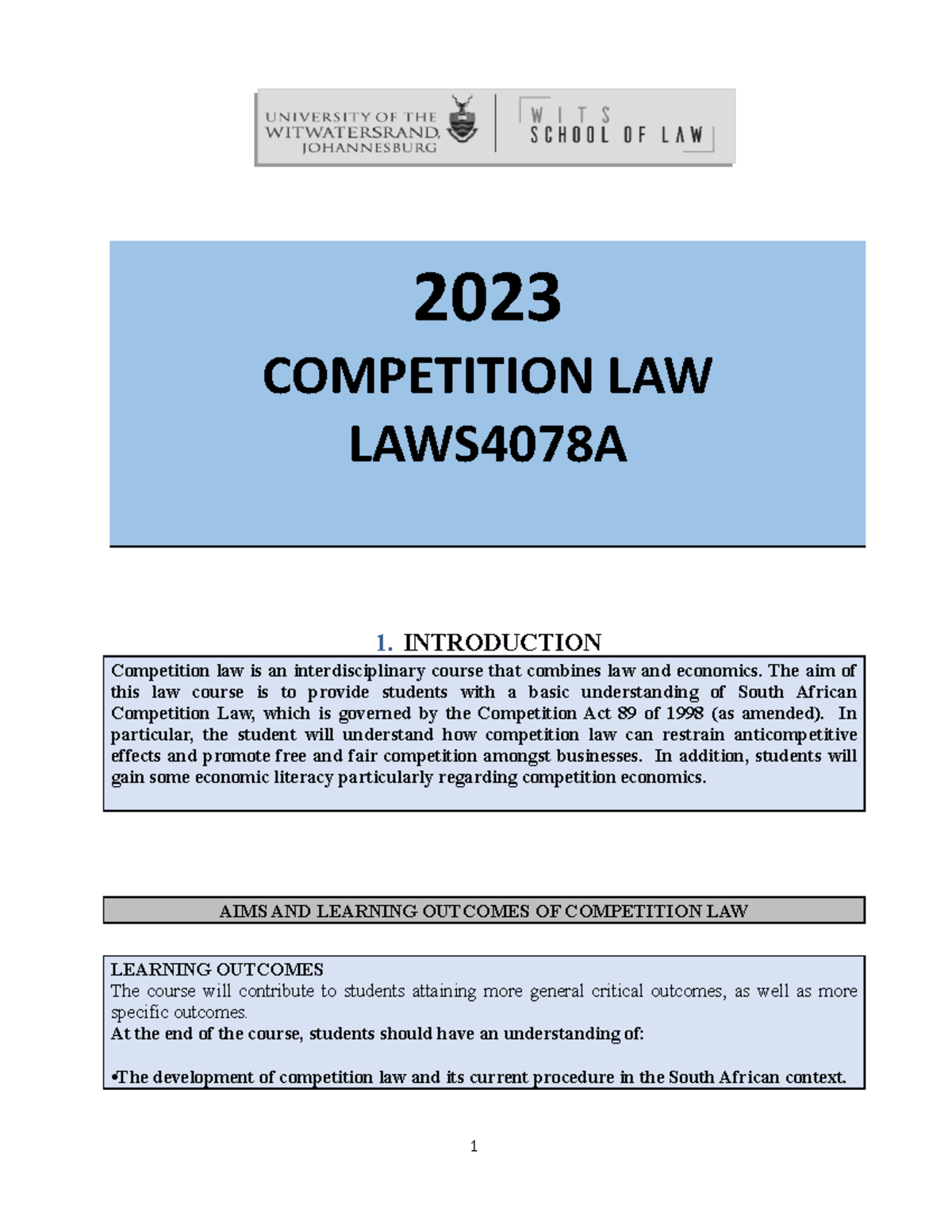 Competition Law 2023 - Course outline 2023 - 1. INTRODUCTION ...