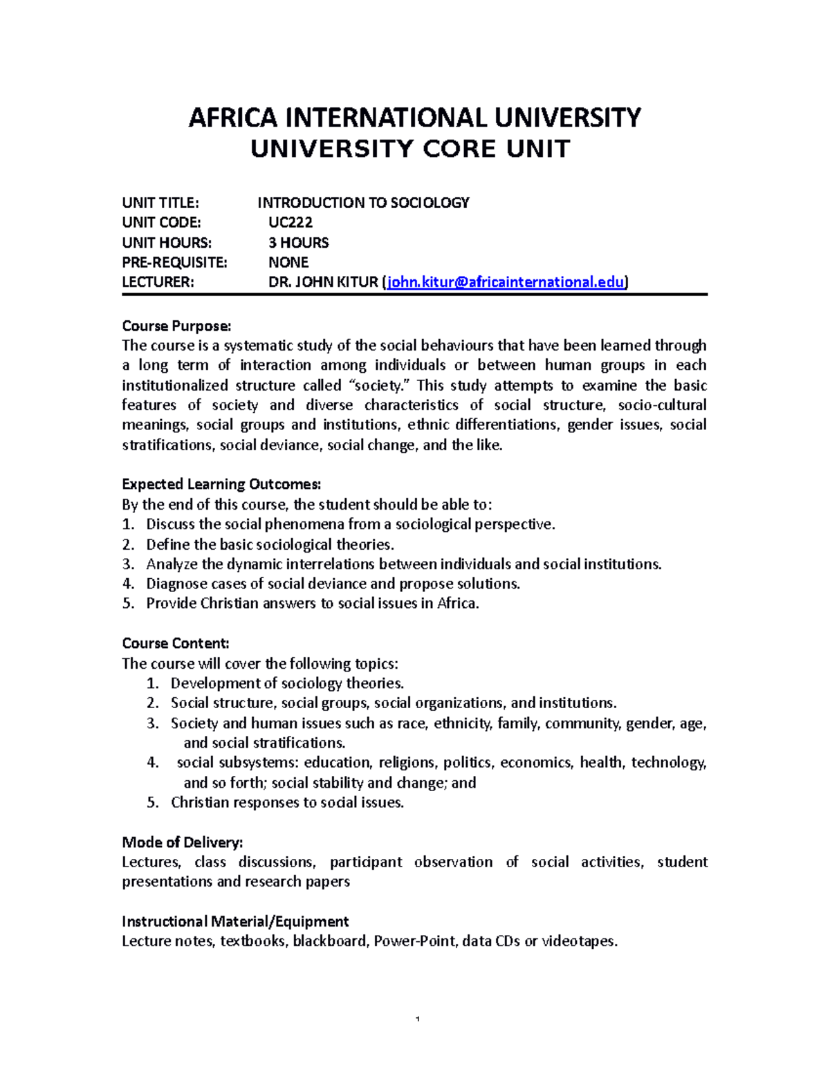 Introduction TO Sociology Course Syllabus - Final - AFRICA ...