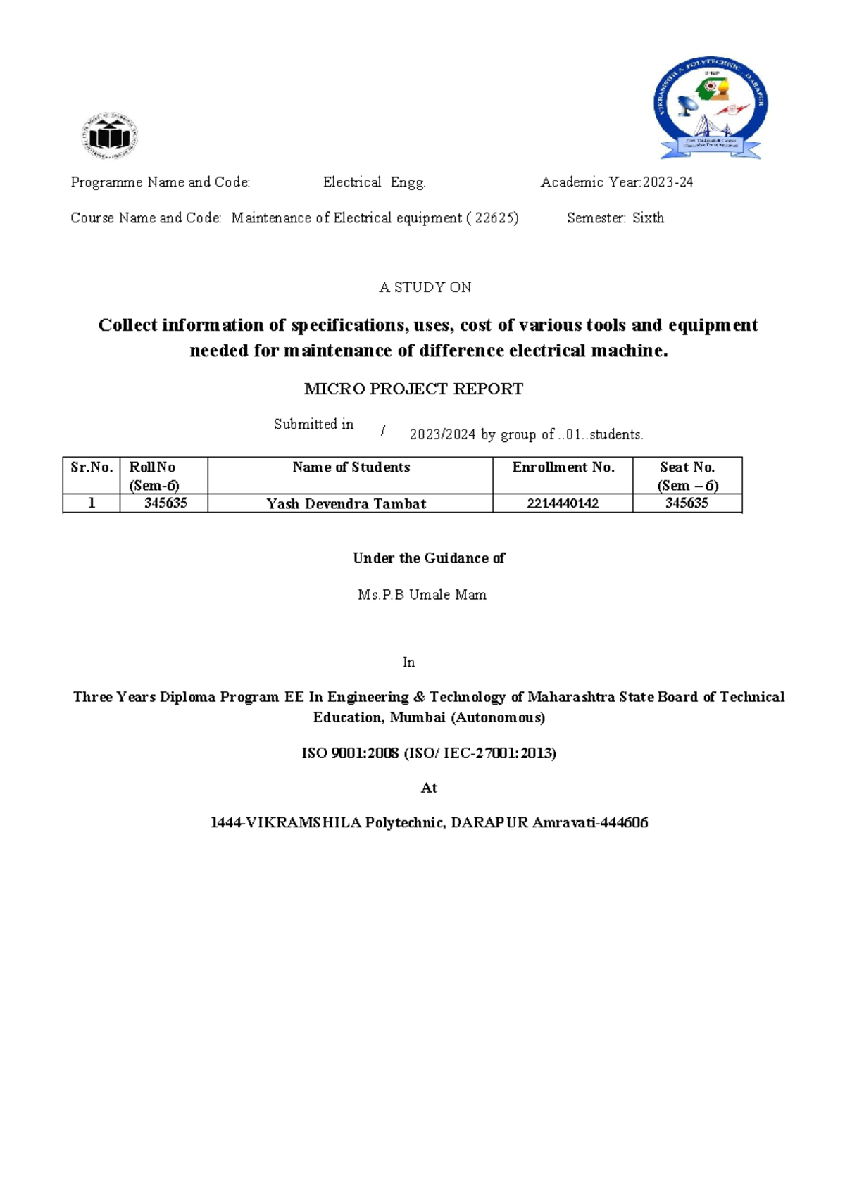 MANE 5 - Jgjgj - Programme Name and Code: Electrical Engg. Academic Year:2023- Course Name and ...