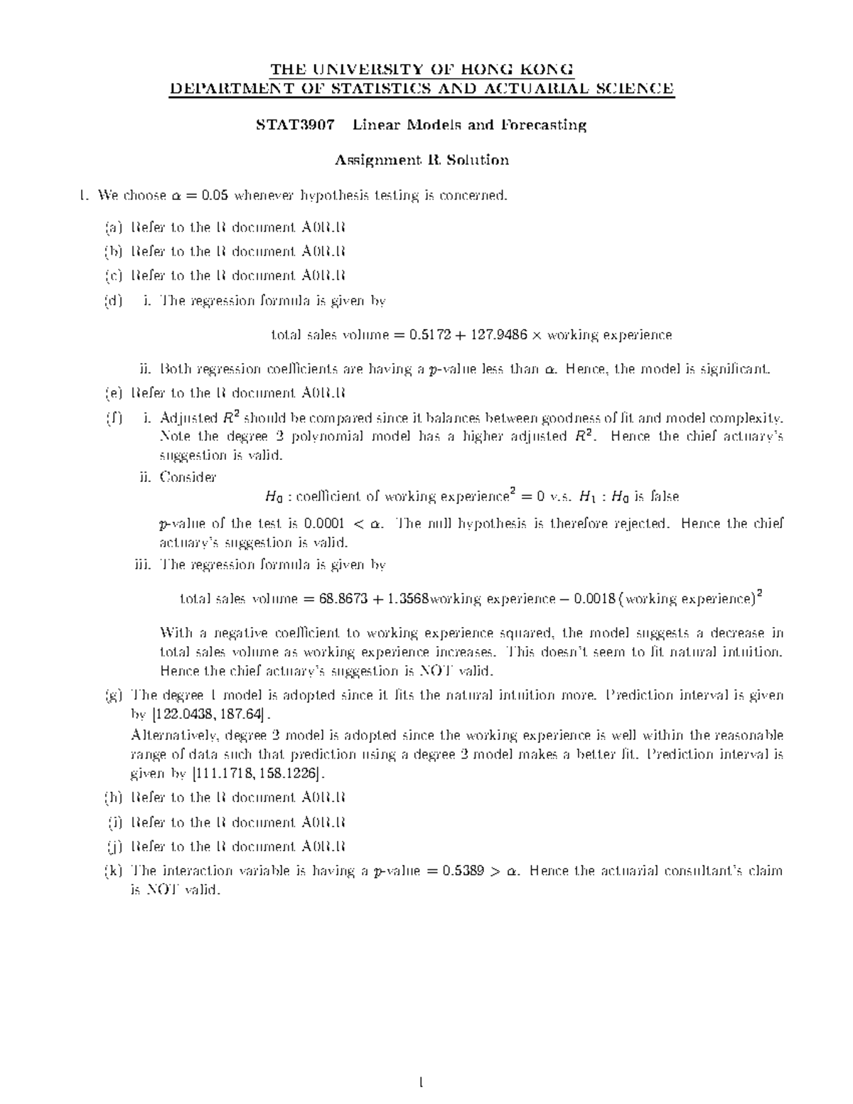 Assignment R Solution - THE UNIVERSITY OF HONG KONG DEPARTMENT OF STATISTICS AND ACTUARIAL ...
