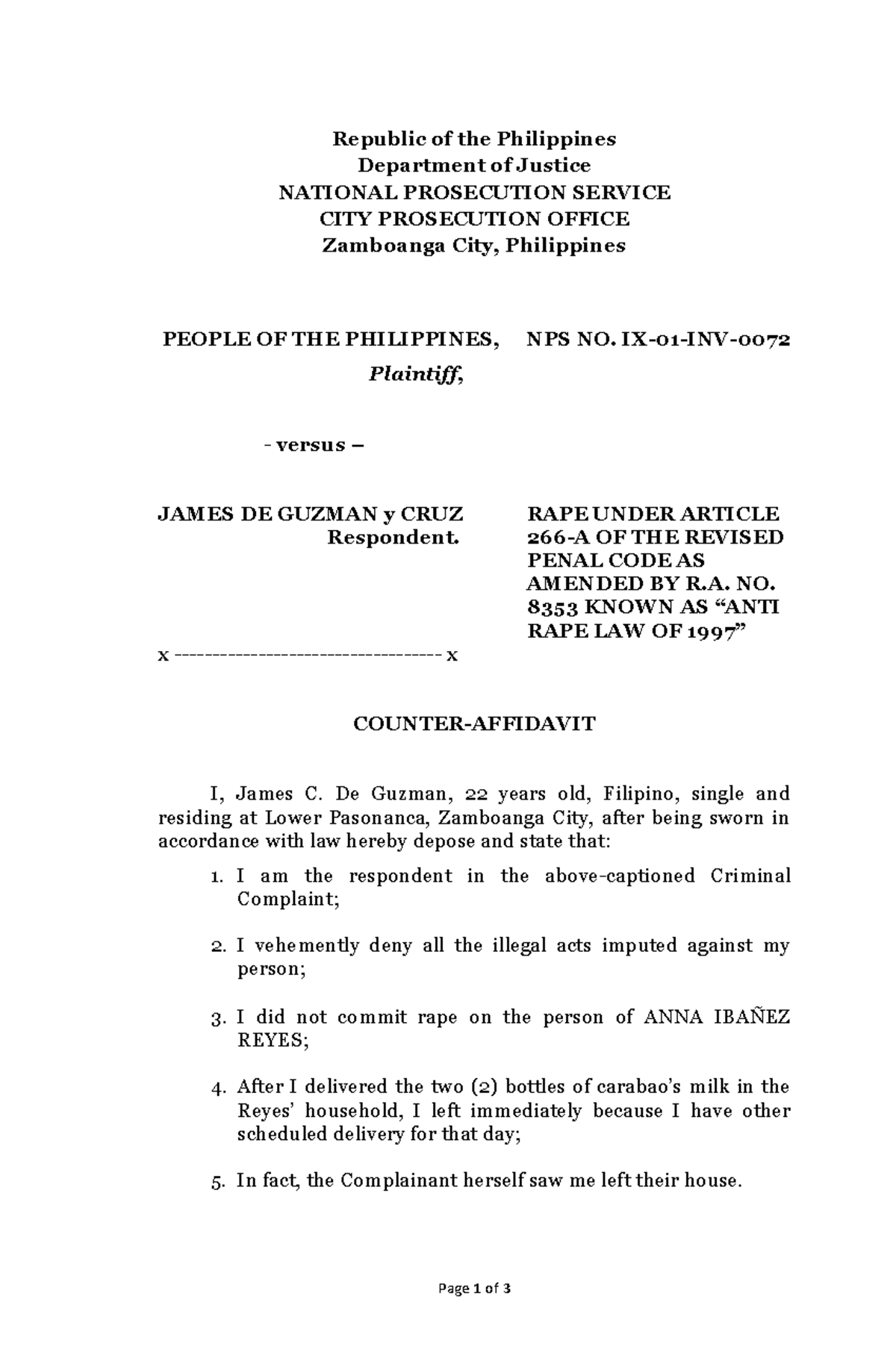 1 Counter Affidavit of James De Guzman (Accused) - Page 1 of 3 Republic ...