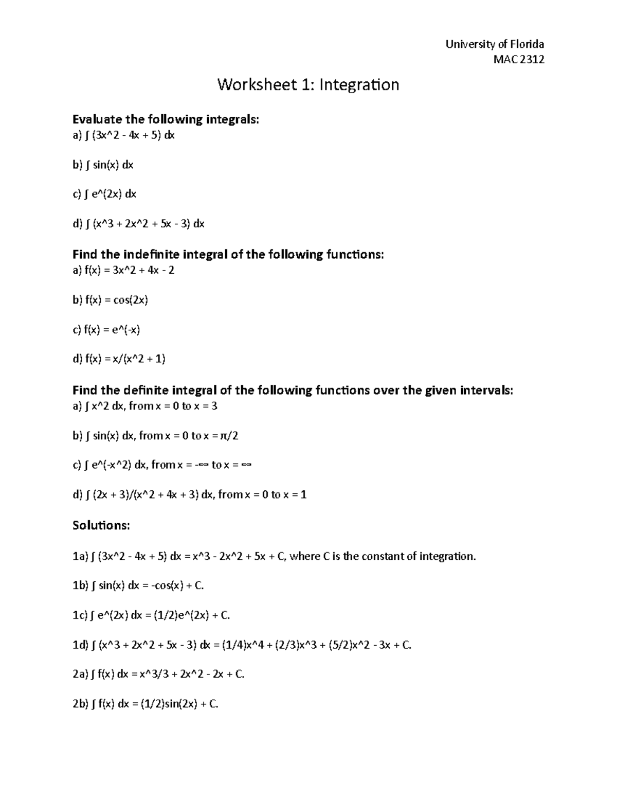 Integration Worksheet - University of FloridaMAC 2312 Worksheet 1 ...