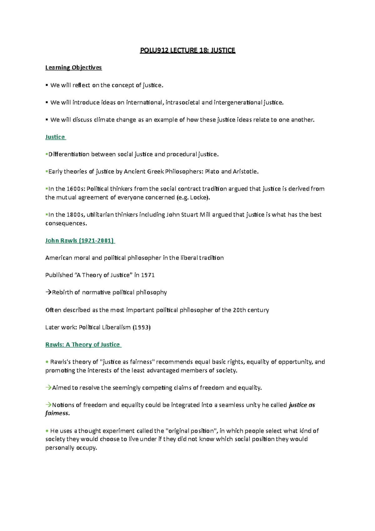 POLU912 Lecture 18 - Justice - POLU912 LECTURE 18: JUSTICE Learning ...