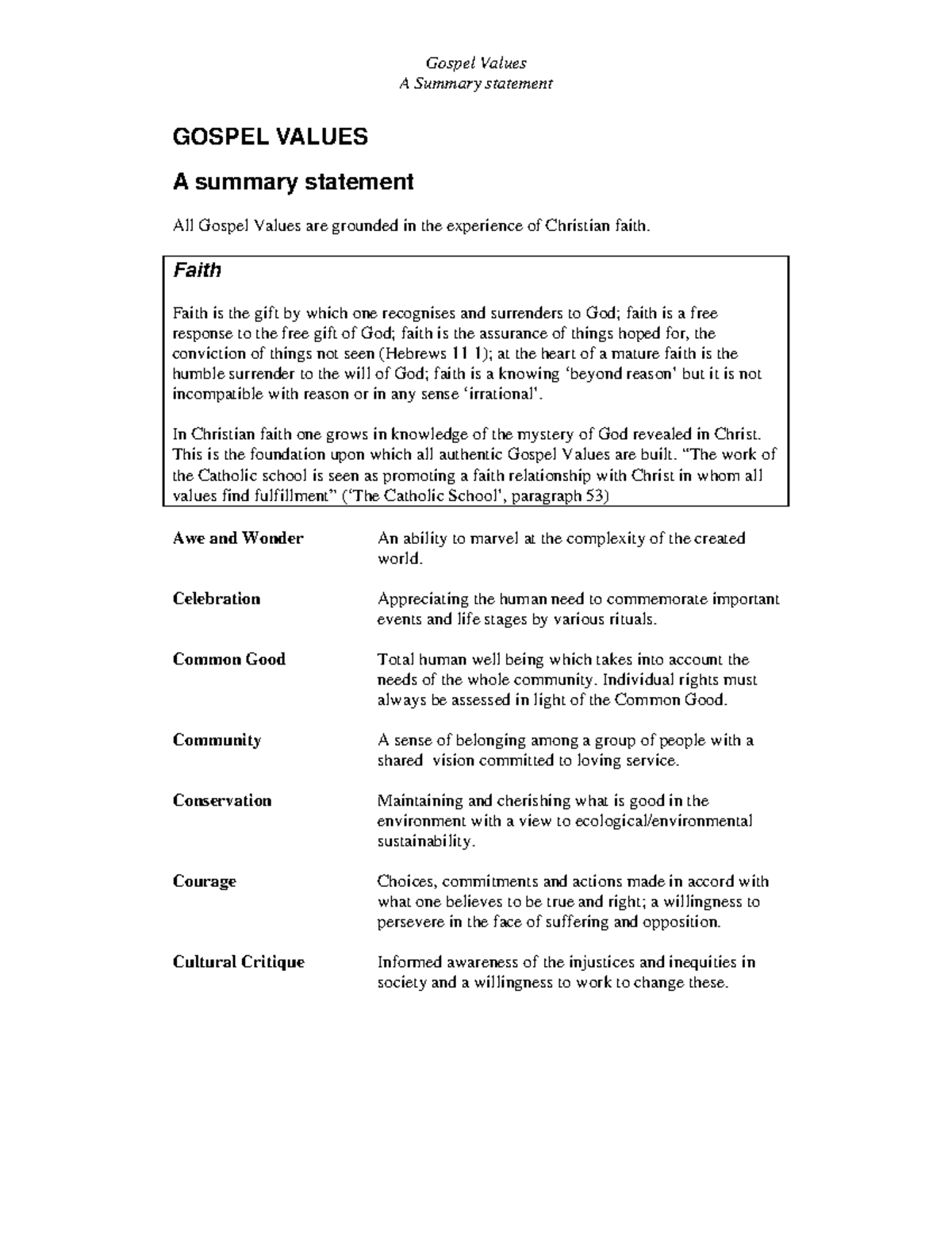 Gospel Values - A summary statement - Gospel Values A Summary statement ...