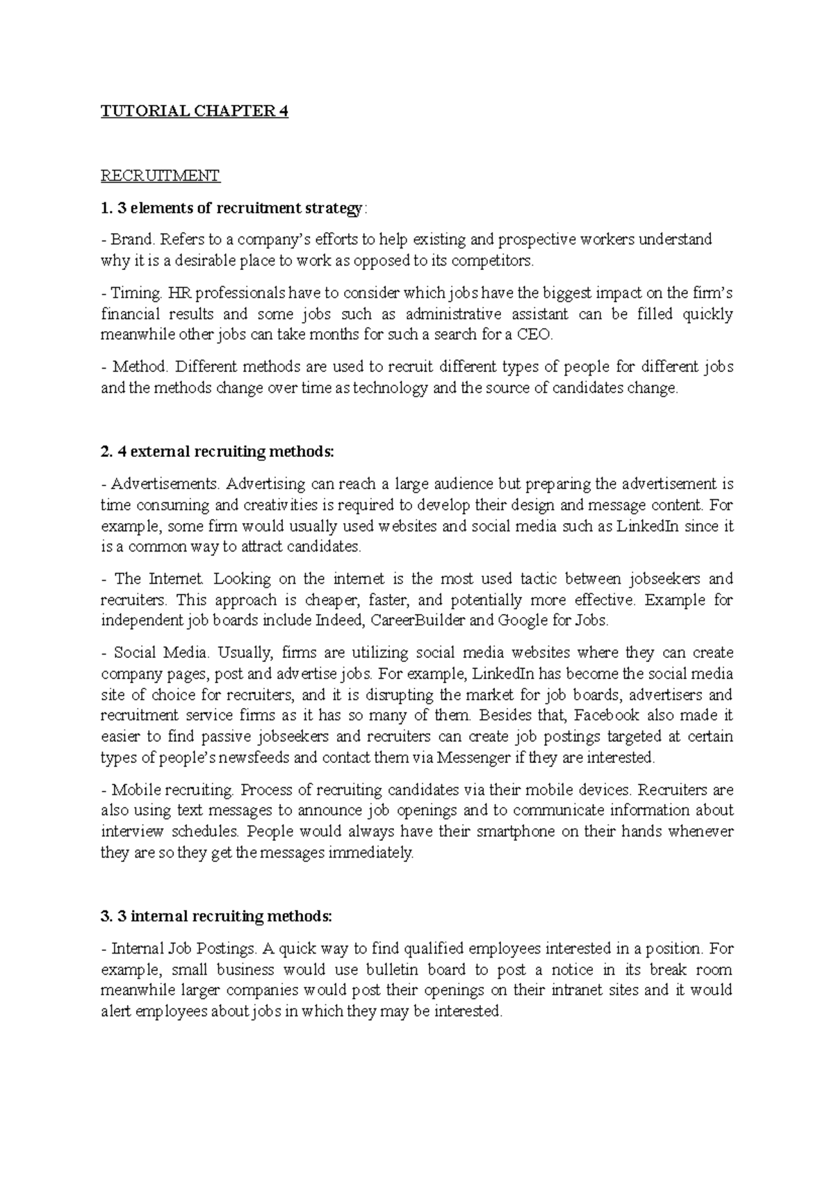 Tutorial Chapter 4 HRM RECRUITMENT AND SELECTION - TUTORIAL CHAPTER 4 ...