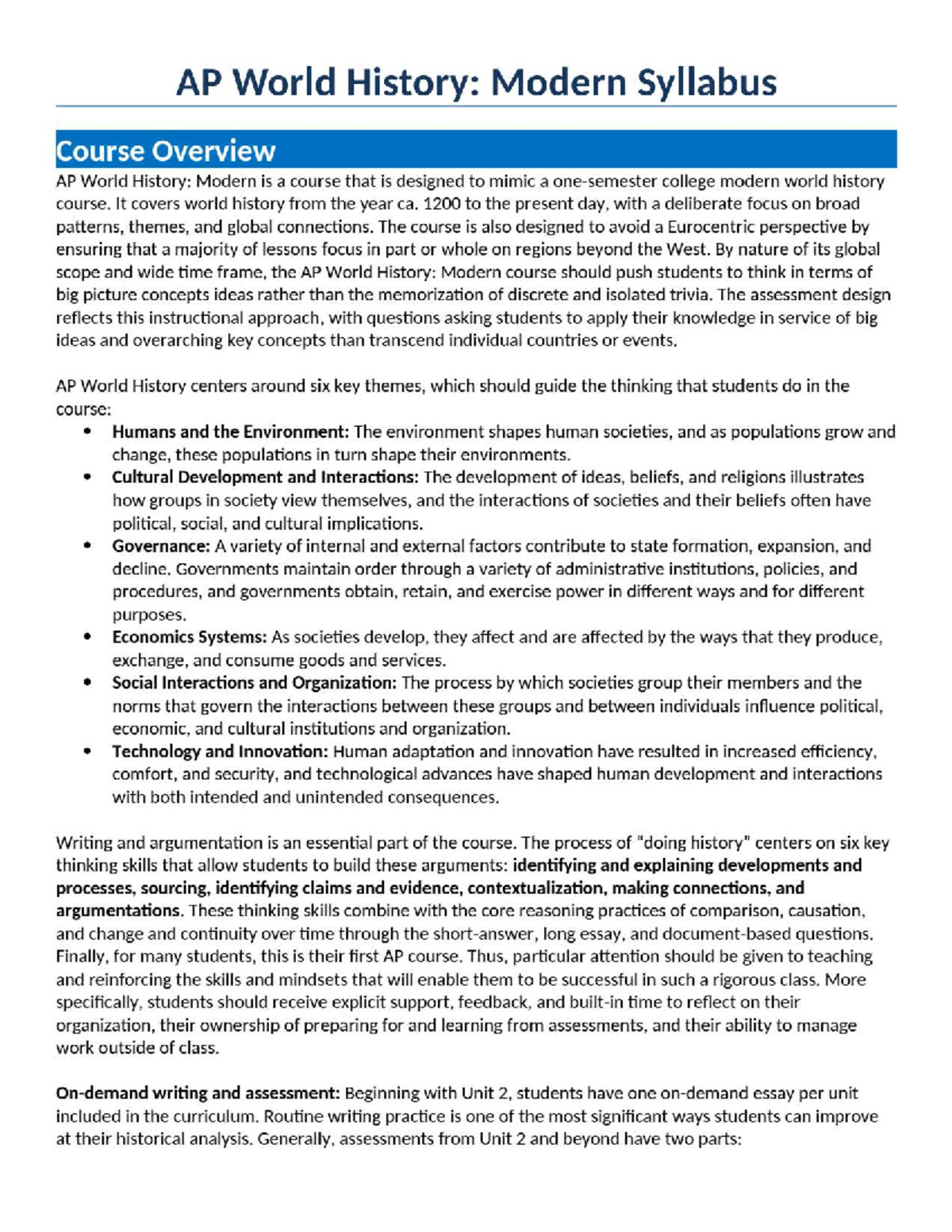AP World Syllabus - AP World History: Modern Syllabus Course Overview ...