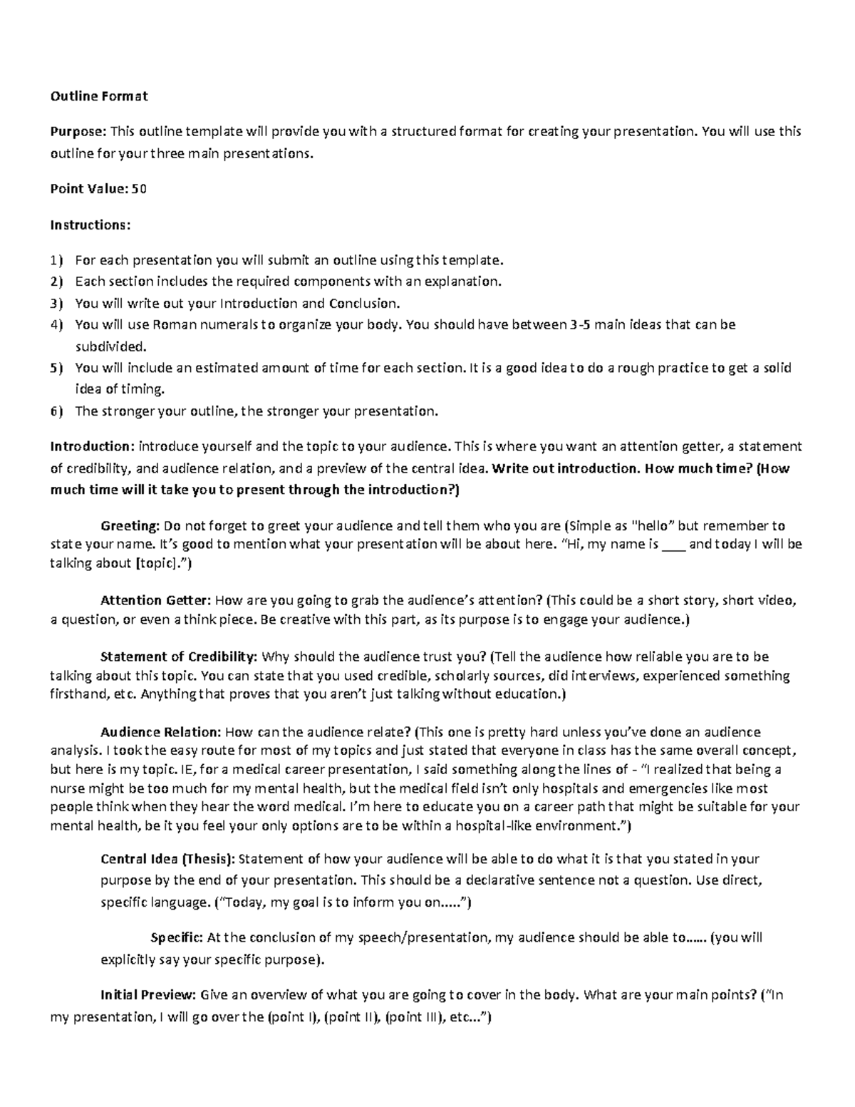 Outline Guideline for Speeches and Presentations - Outline Format ...