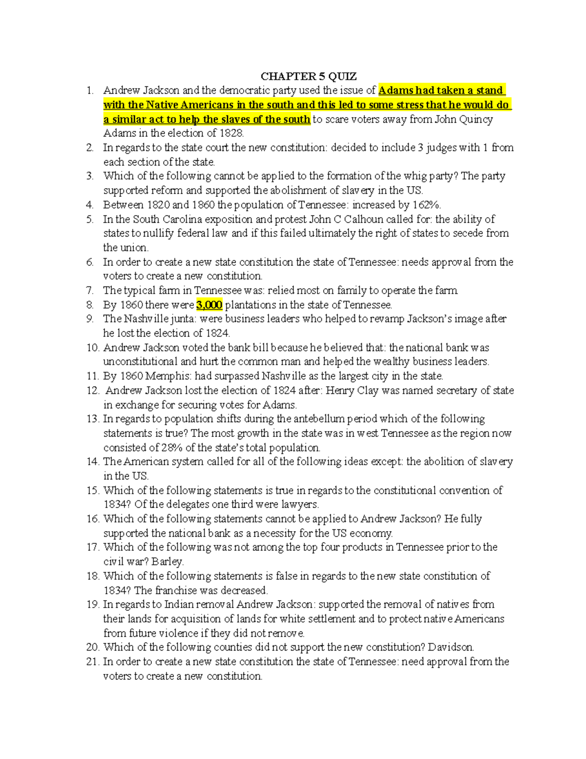 Chapter 5 QUIZ - Instructor is Pitts - CHAPTER 5 QUIZ Andrew Jackson ...