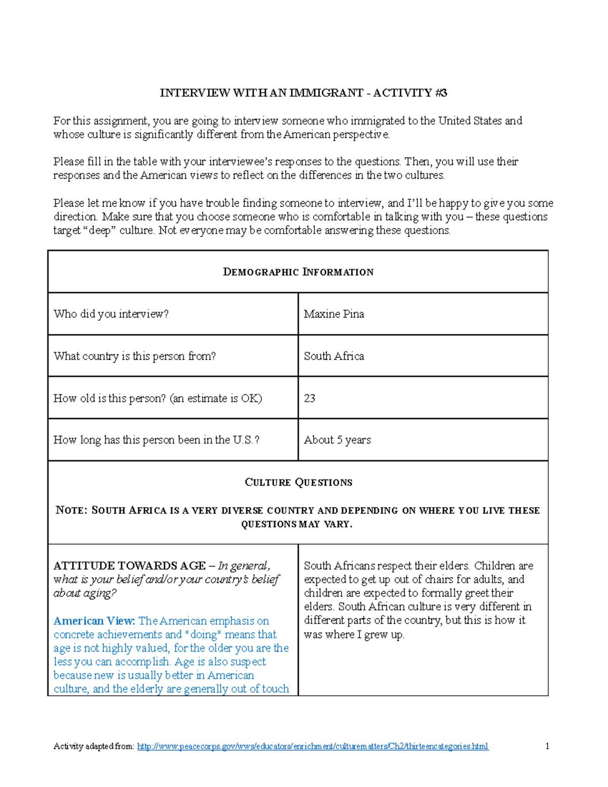 Interview with an Immigrant - Activity 3 - INTERVIEW WITH AN IMMIGRANT ...