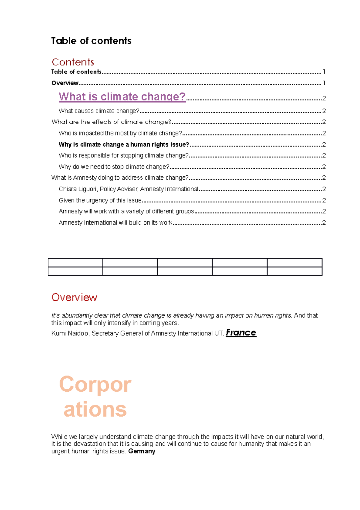 Climate Change - Practice - Table of contents Contents Table of ...