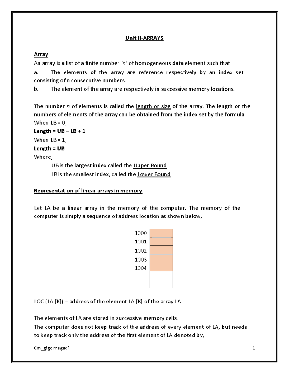 Download - Unit II-ARRAYS Array An array is a list of a finite number ...