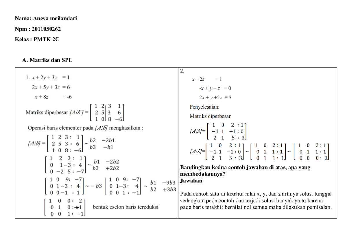 Notes Aljabar Matrik - tugas individu - Nama: Aneva meilandari Npm ...