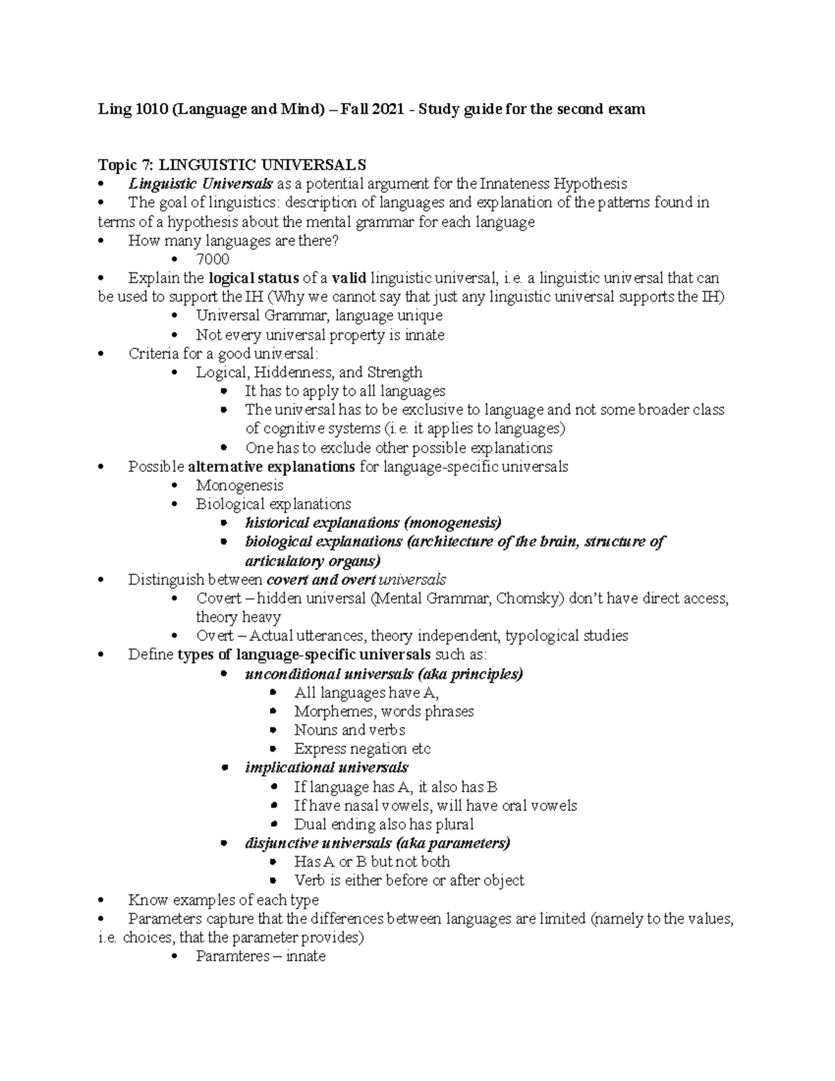 Study guide for exam 2 - Ling 1010 (Language and Mind) – Fall 2021 ...