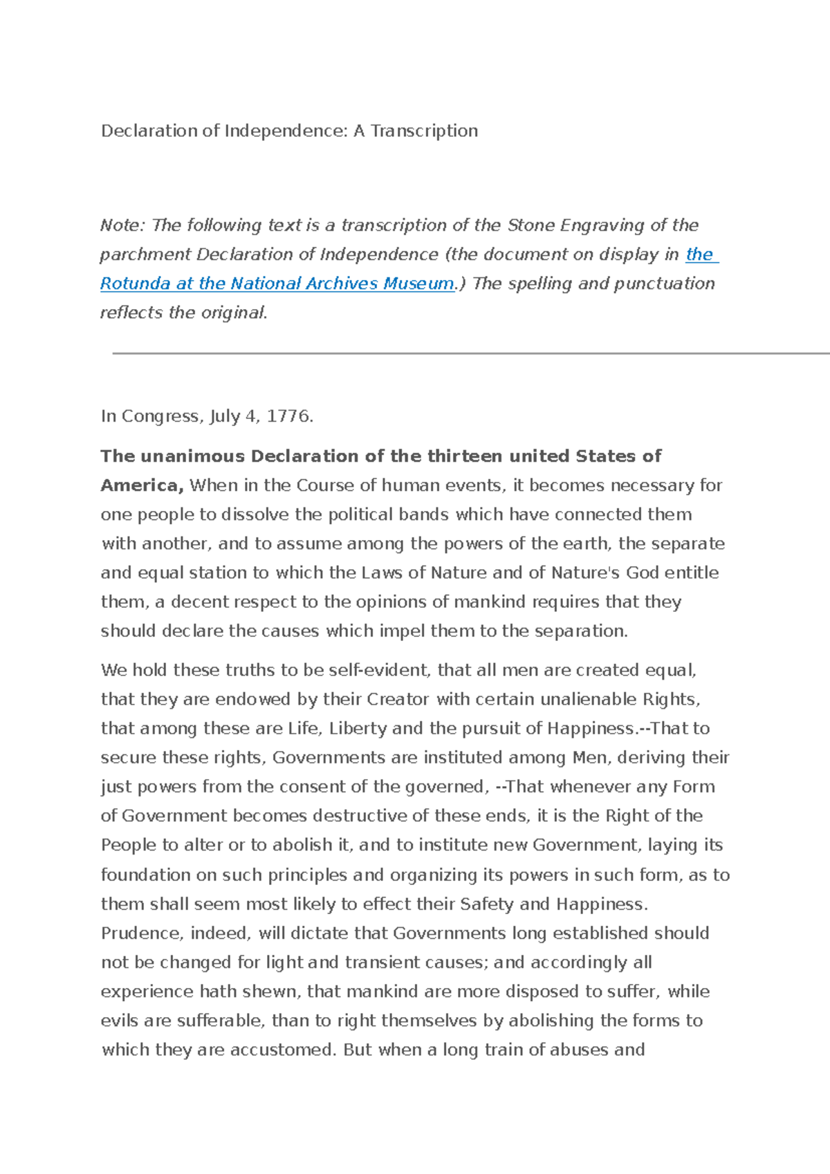 Declaration of Independence - ) The spelling and punctuation reflects ...