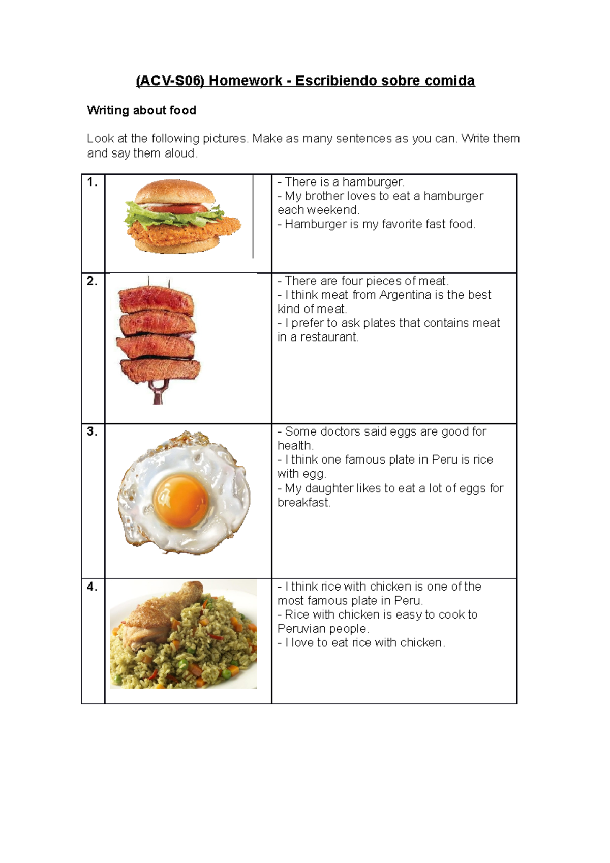 (ACV-S06) Homework - Escribiendo sobre comida - Make as many sentences ...