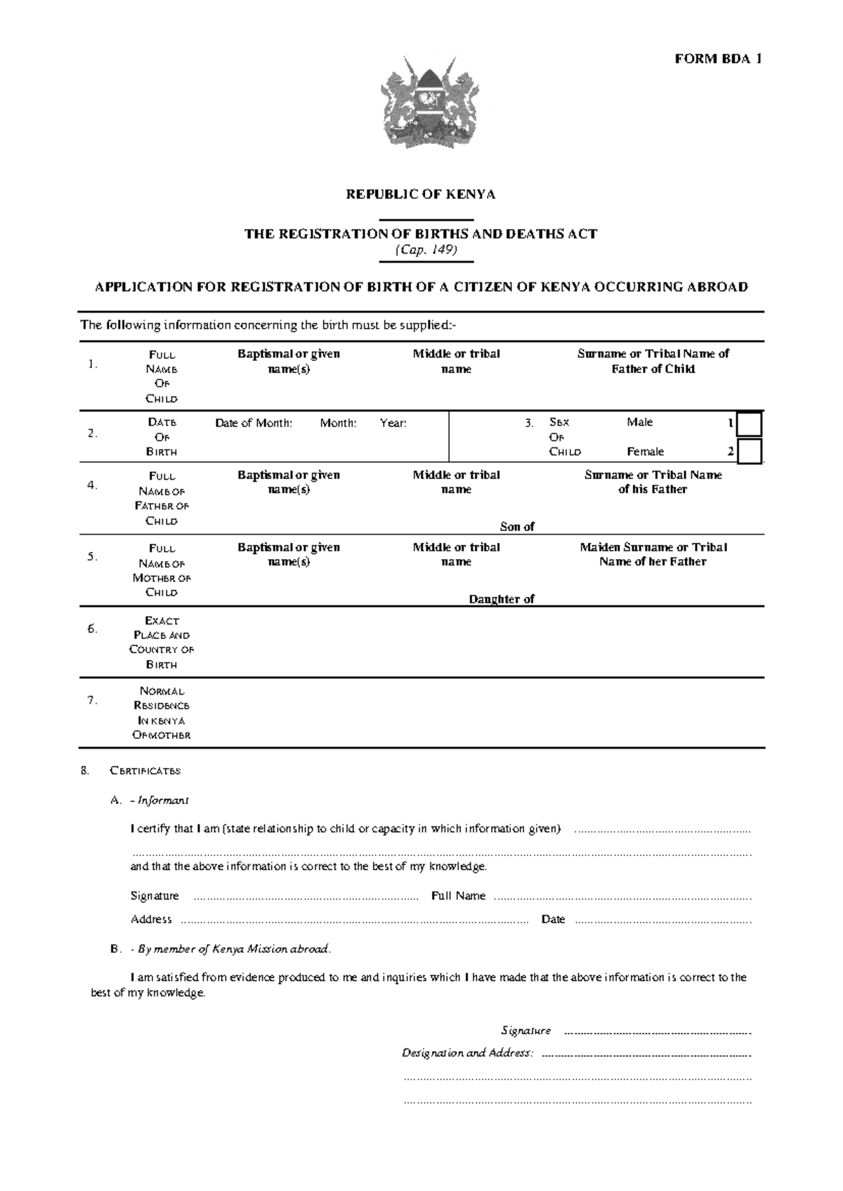 Text practice for lecture 2 exam - FORM BDA 1 REPUBLIC OF KENYA THE ...