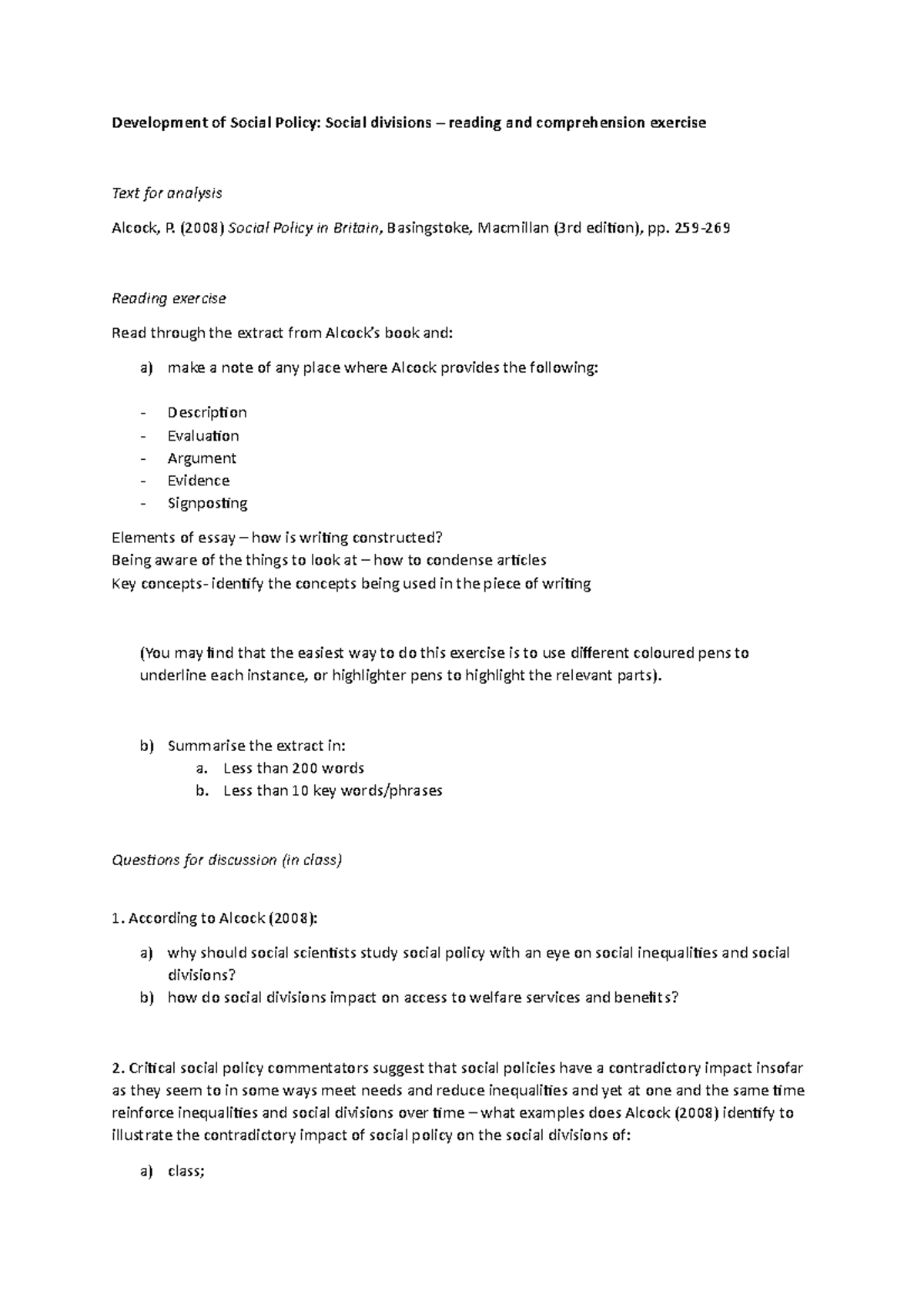 DSP L2 Class exercise social divisions+reading text - Development of ...