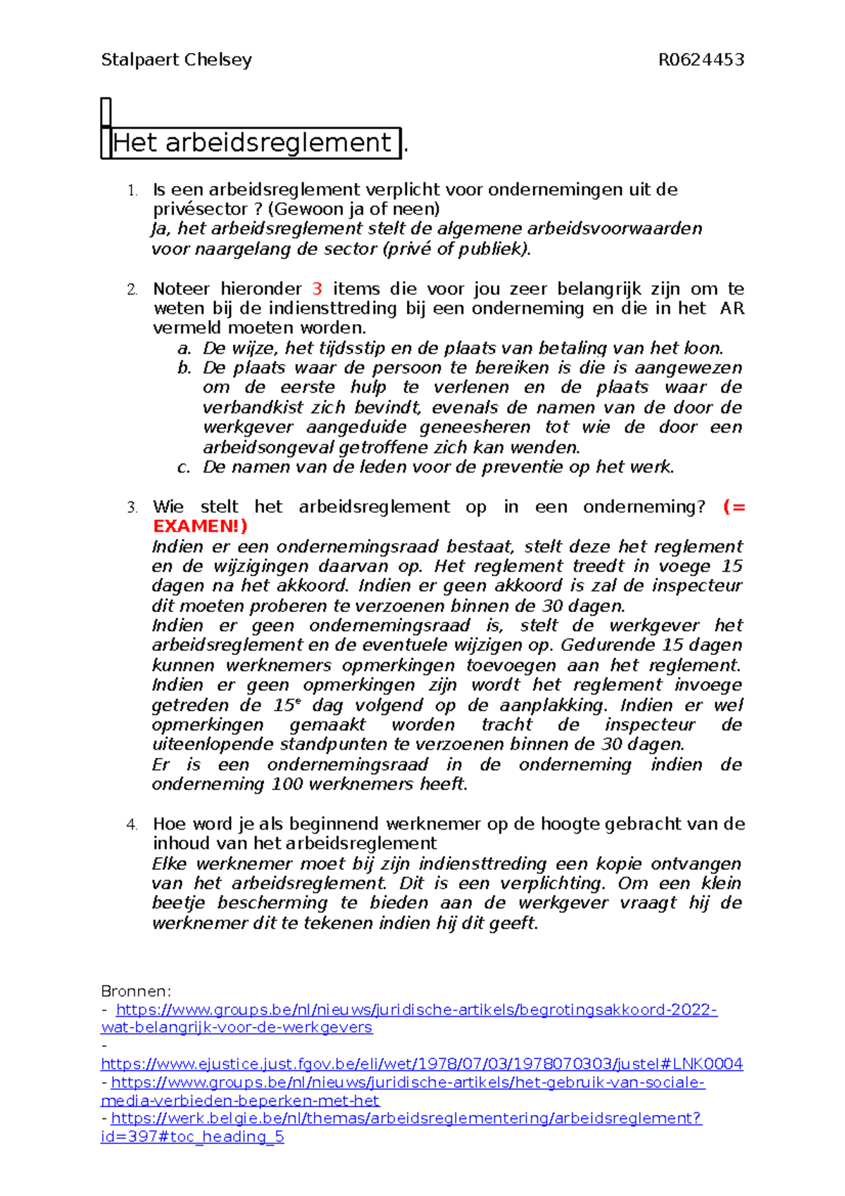 Opdracht 2 Het Arbeidsreglement - Stalpaert Chelsey R Het ...