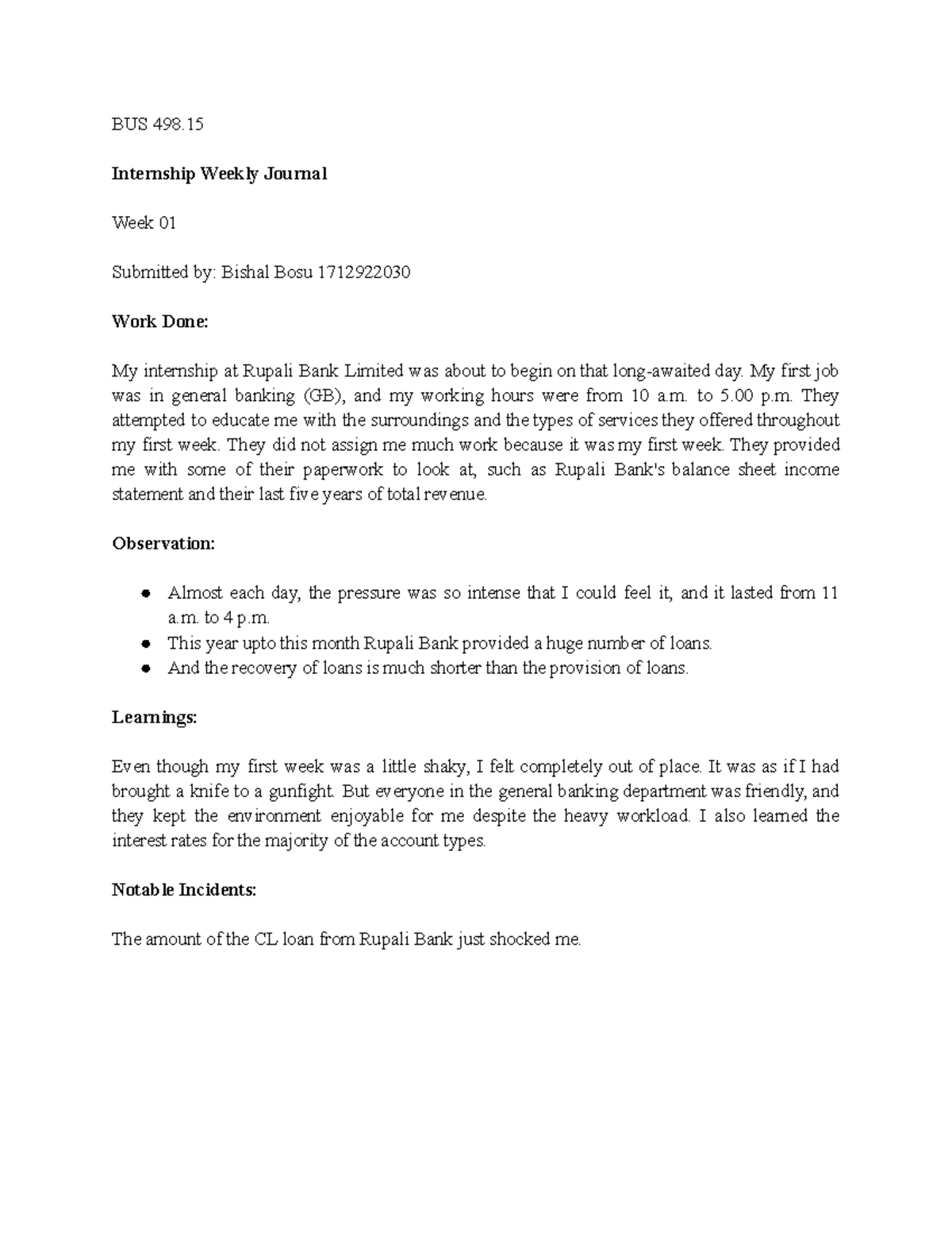 BUS 498 week 1 journal - for internship - BUS 498. Internship Weekly ...