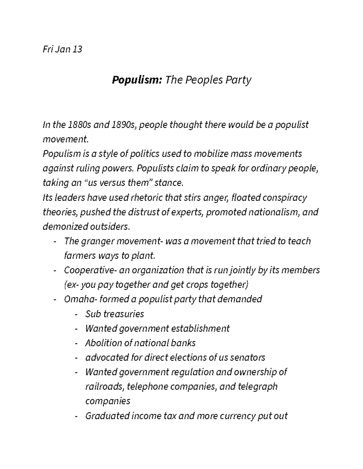 Fri Jan 13- Populism - Fri Jan 13 Populism: The Peoples Party In the ...