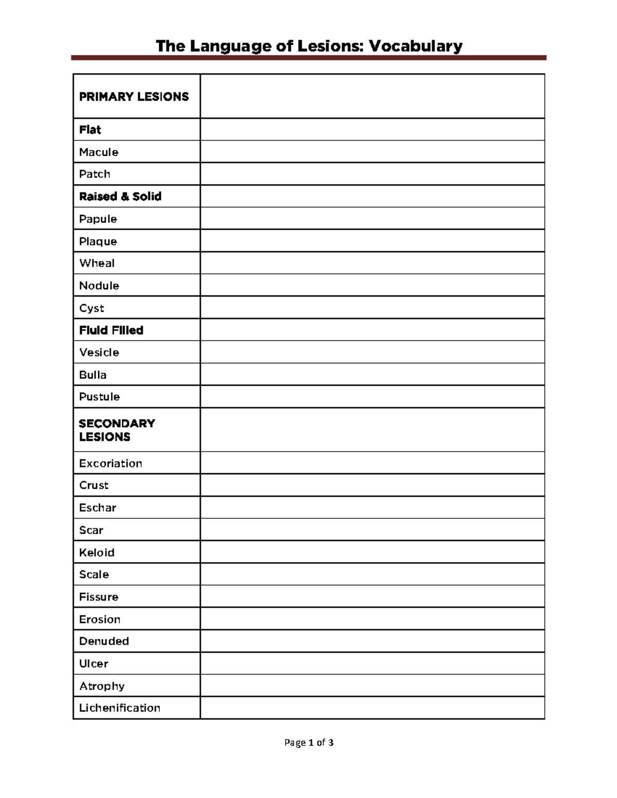 Vocabulary List - The Language of Lesions: Vocabulary Page 1 of 3 ...
