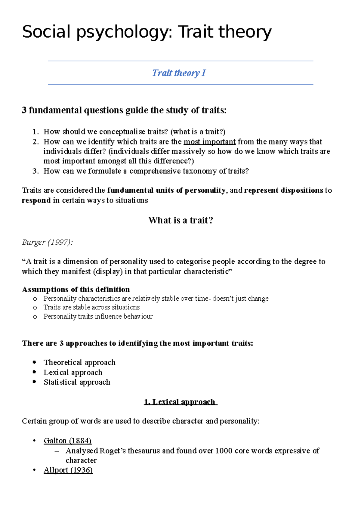 Trait theory 1 & 2 - Social psychology: Trait theory Trait theory I 3 ...