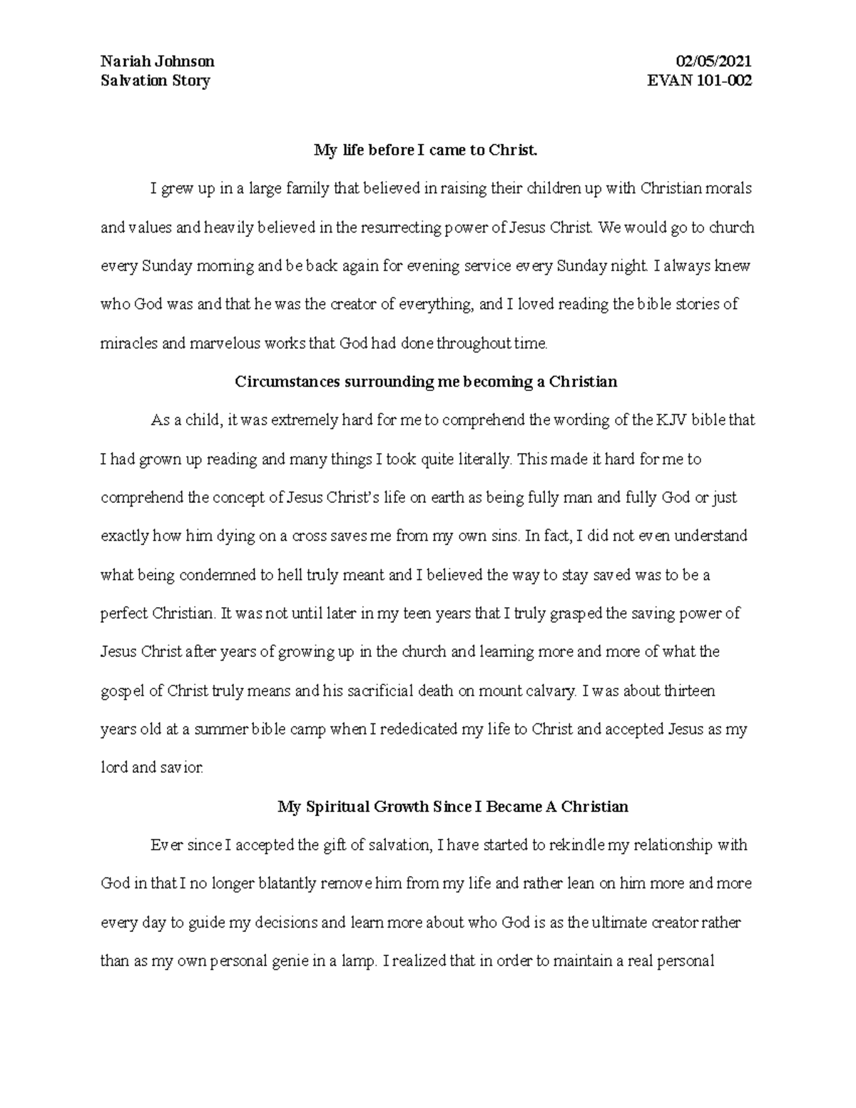 Testimony Paper - Grade: A - Nariah Johnson 02/05/ Salvation Story EVAN ...