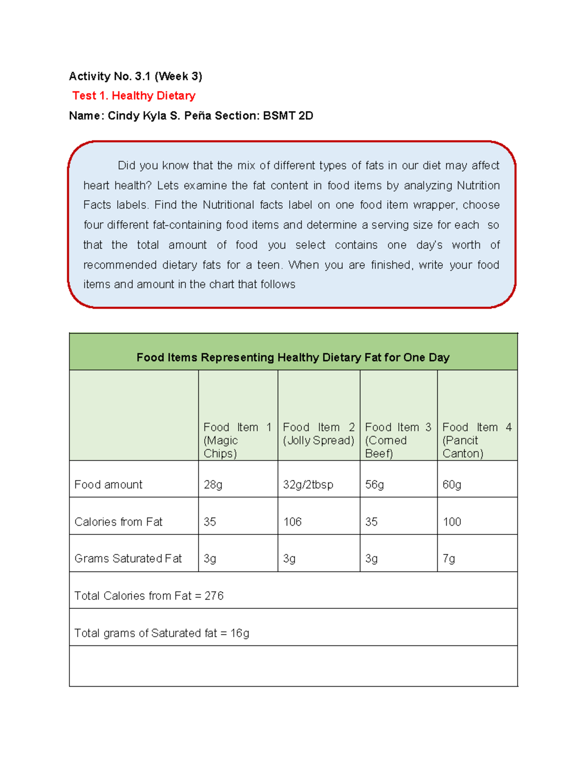 Activity No. 3.1 Healthy Dietary - Activity No. 3 (Week 3) Test 1 ...
