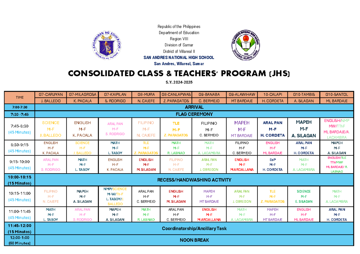 JHS Class & Teacher'S Program SY 2024-2025 - G7-CARUYAN G7-MILAGROSA G7 ...
