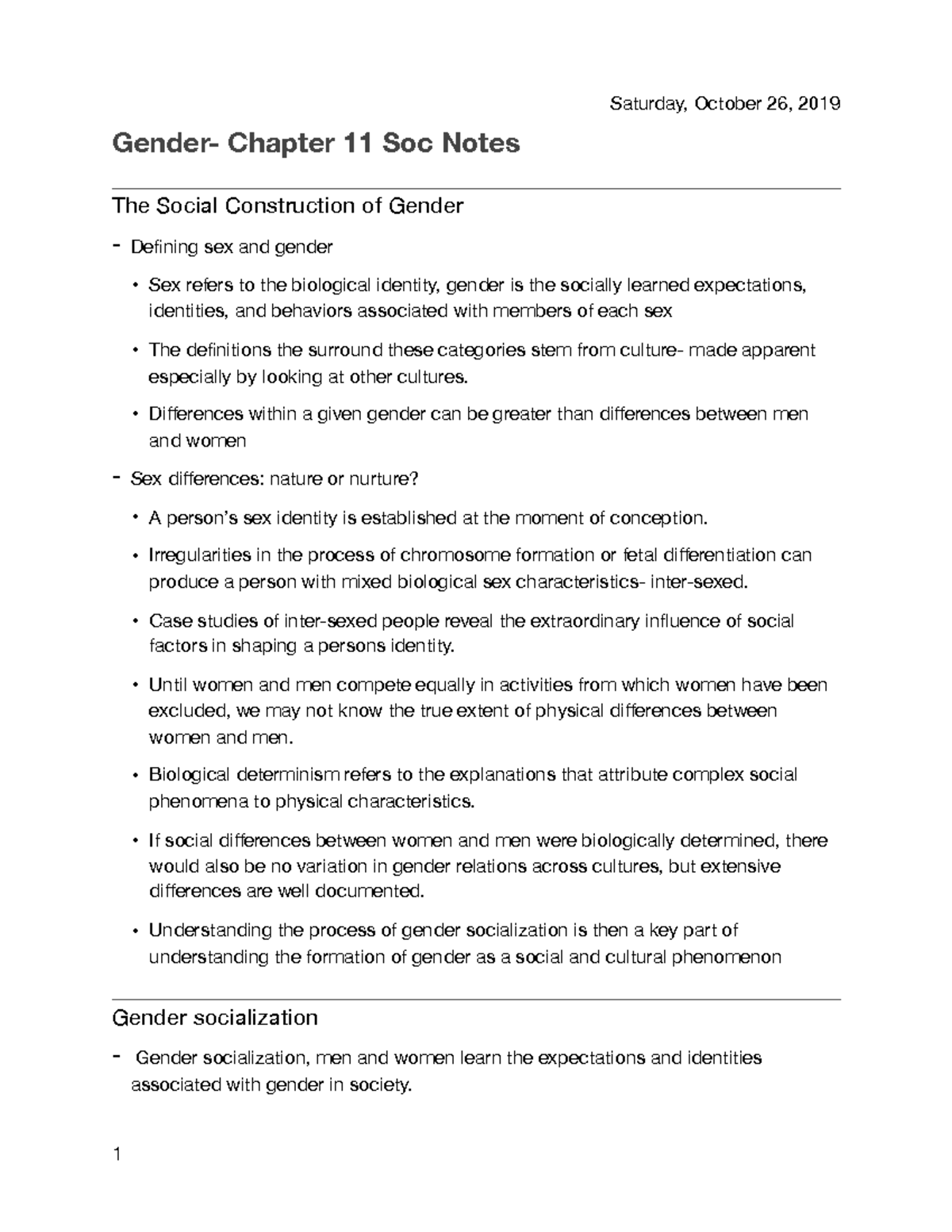 Chapter 11 notes- soc - Gender- Chapter 11 Soc Notes The Social ...