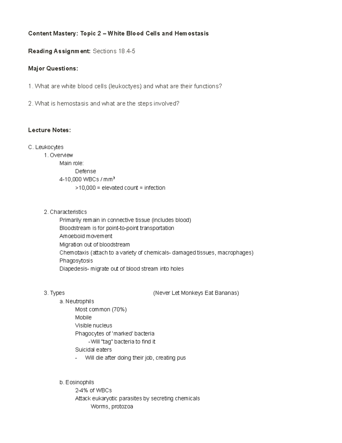 White Blood Cells and Hemostasis - Content Mastery: Topic 2 – White ...